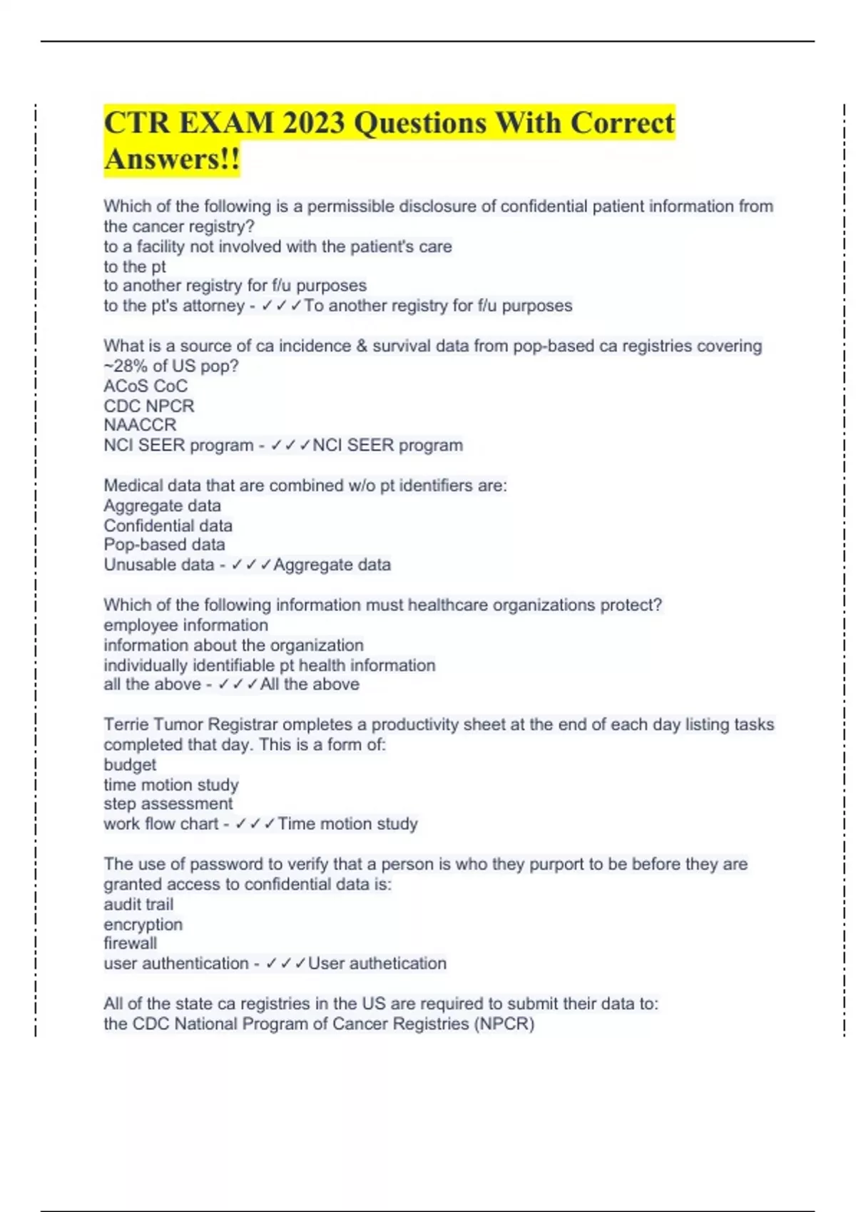 CTR EXAM 2023 Questions With Correct Answers!! - CTR - Stuvia US