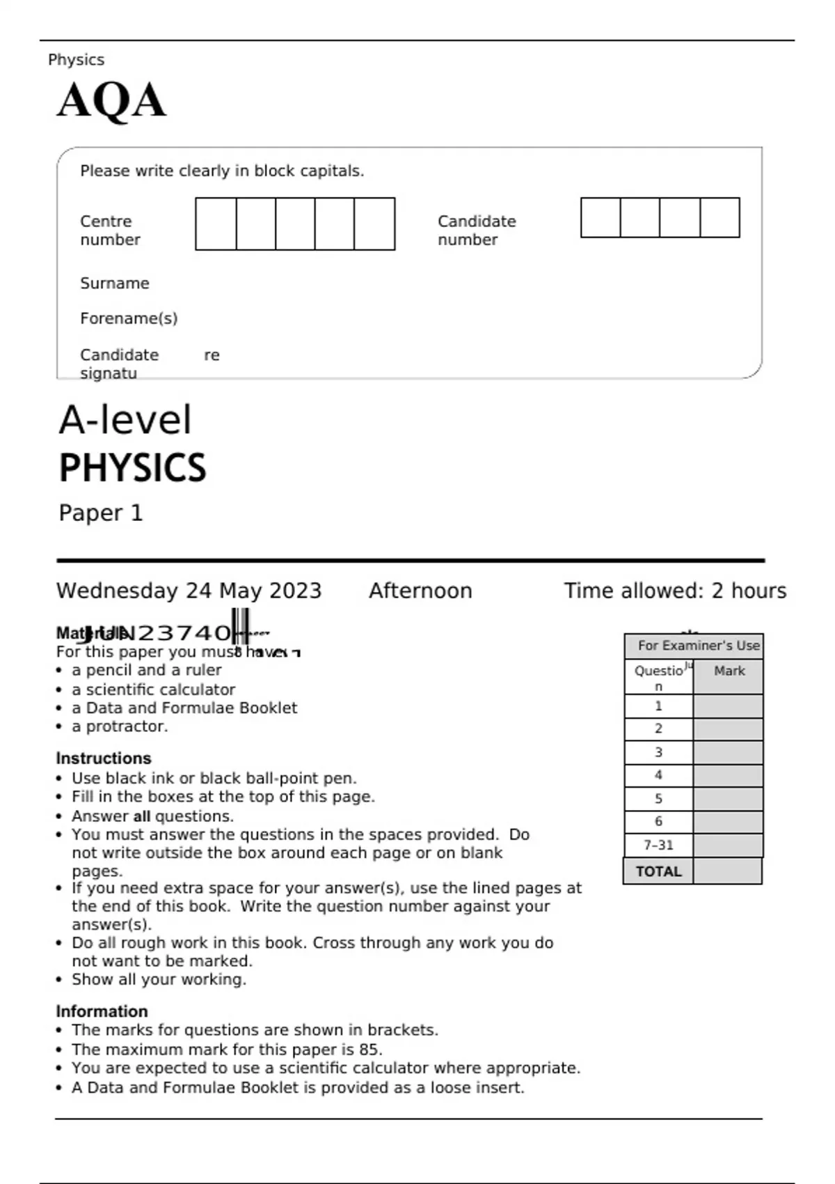 AQA A level PHYSICS Paper 1 MAY 2023 QUESTION PAPER - A-level PHYSICS ...