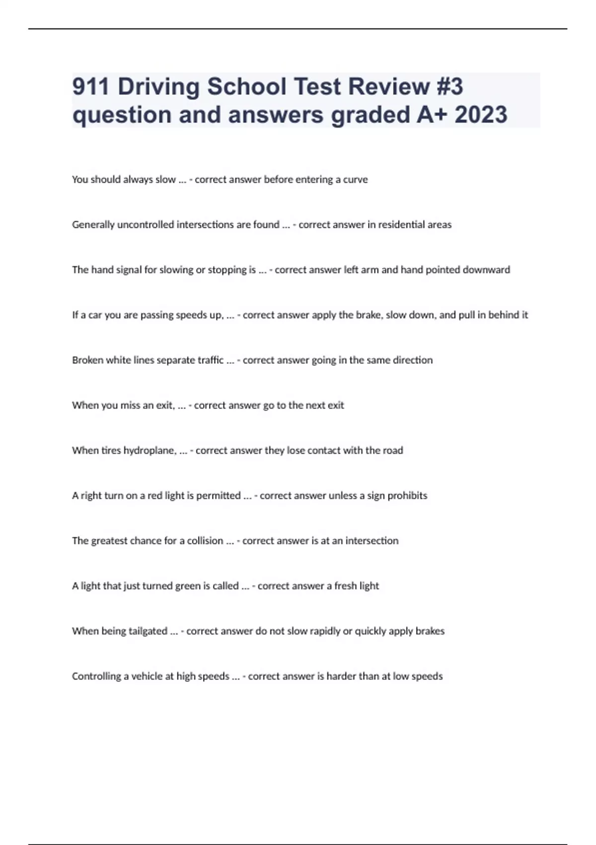 911 Driving School Test Review #3 question and answers graded A+ 2023 ...