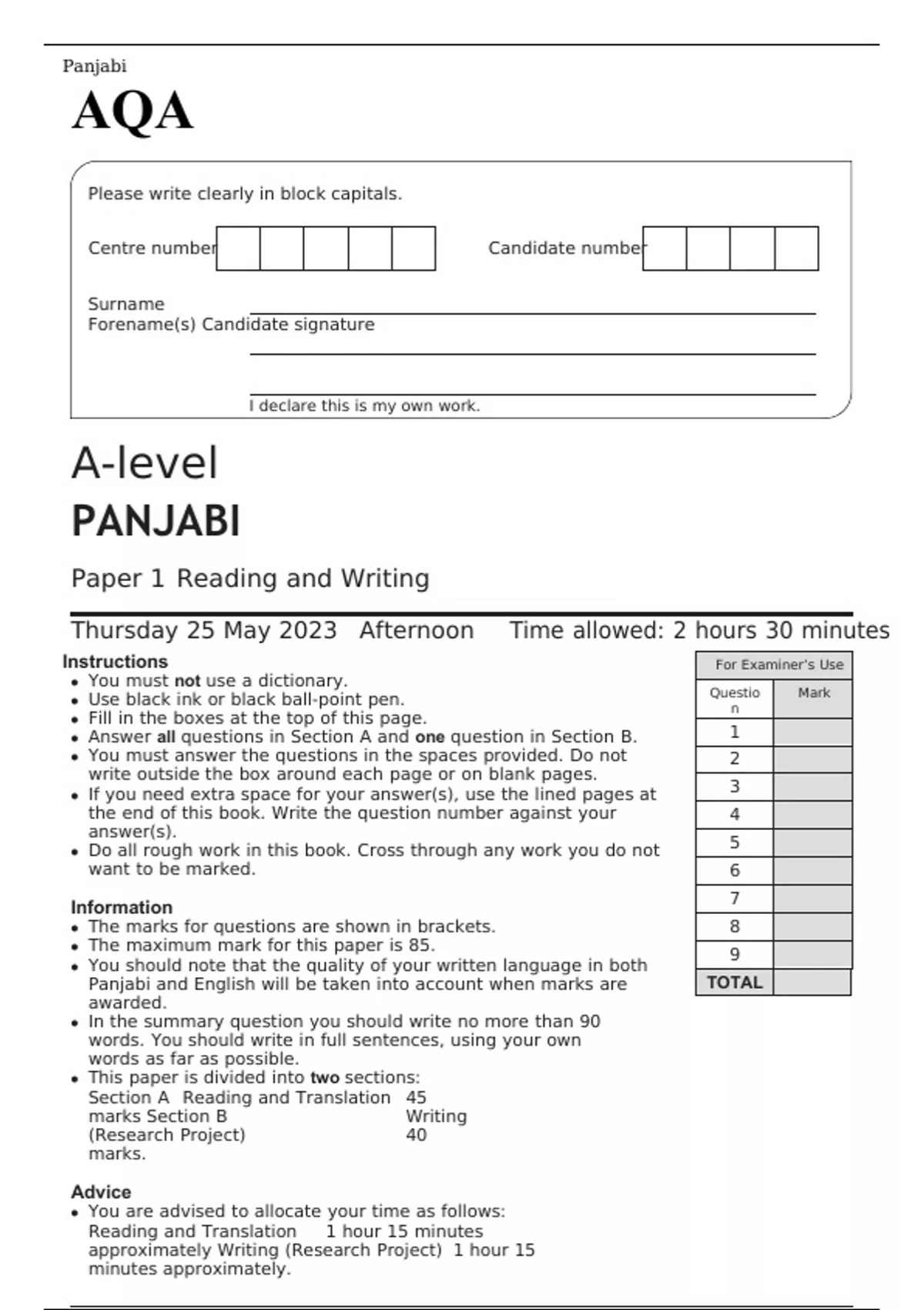 AQA A level PANJABI Paper 1 and 2 MAY 2023 QUESTION PAPERS - Stuvia US