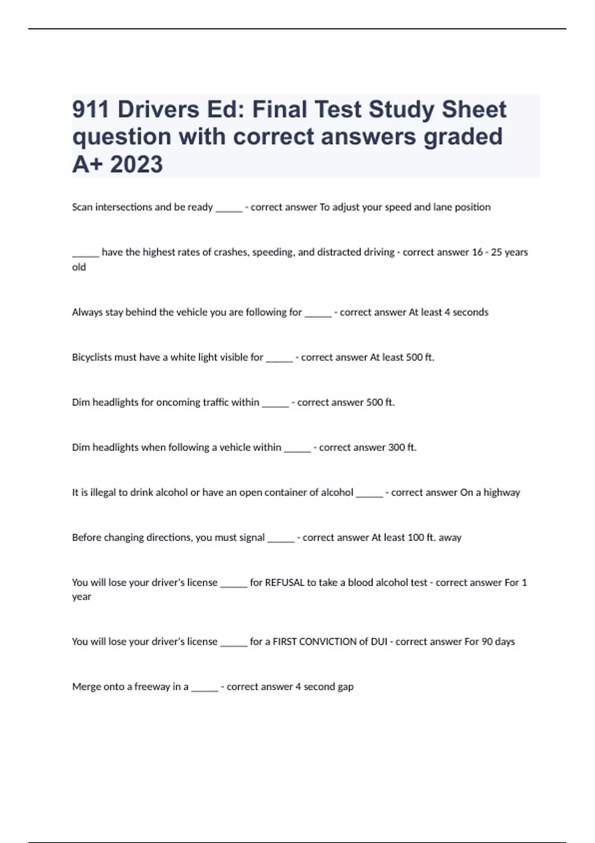 911 Drivers Ed: Final Test Study Sheet question with correct answers ...