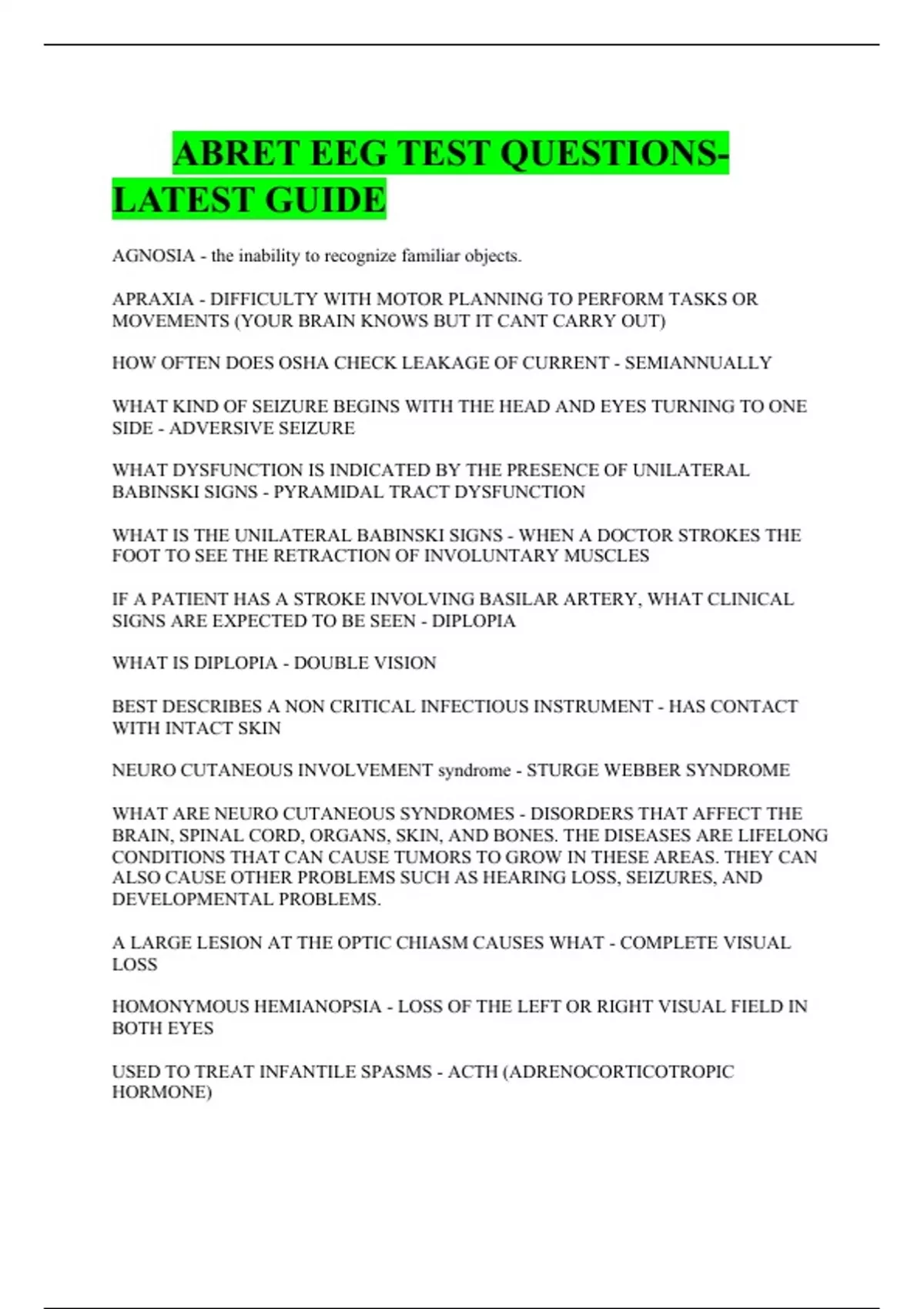 ABRET EEG TEST QUESTIONS- LATEST GUIDE - ABRET - Stuvia US