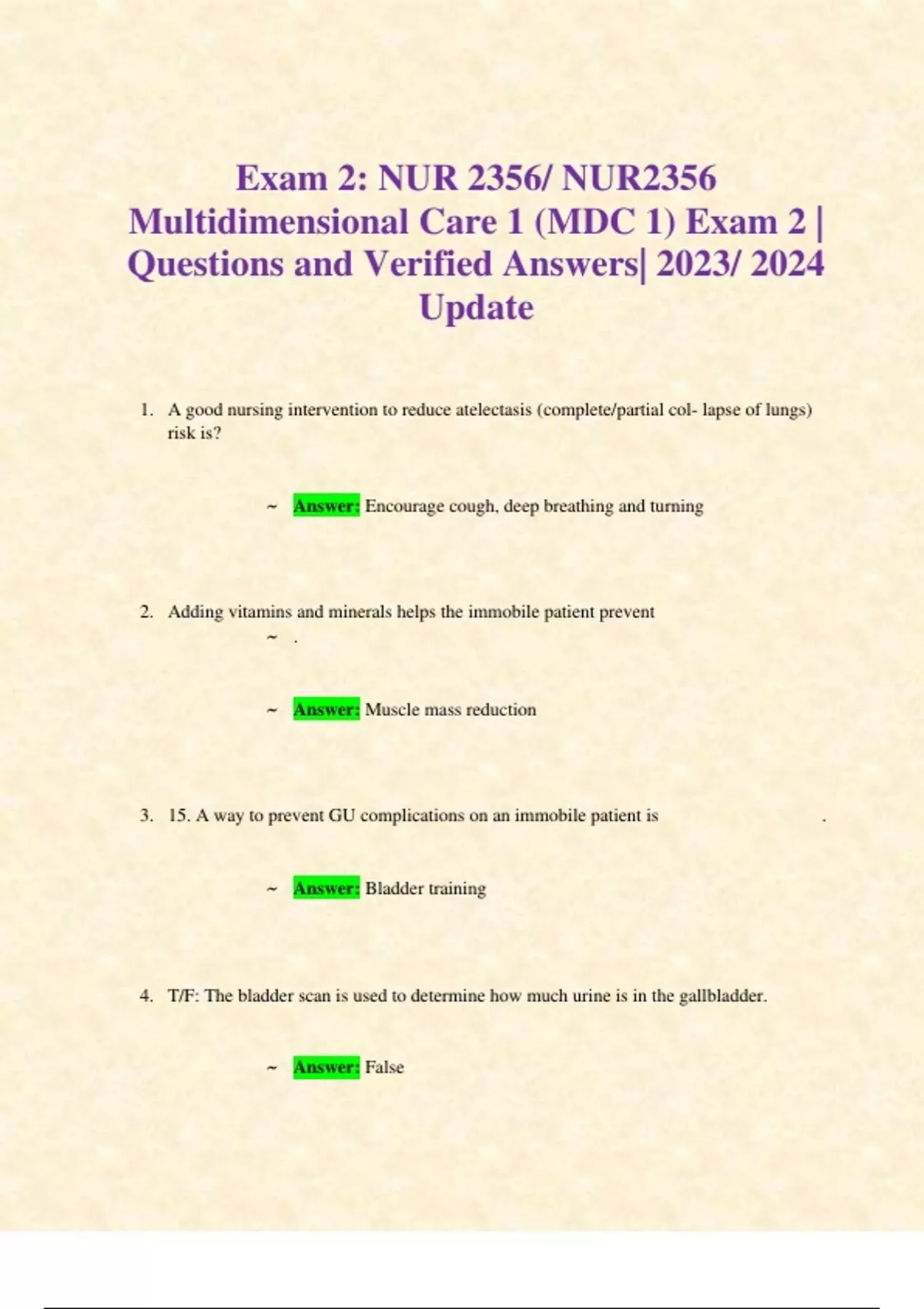 Exam 2 Nur 2356 Nur2356 Multidimensional Care 1 Mdc 1 Exam 2