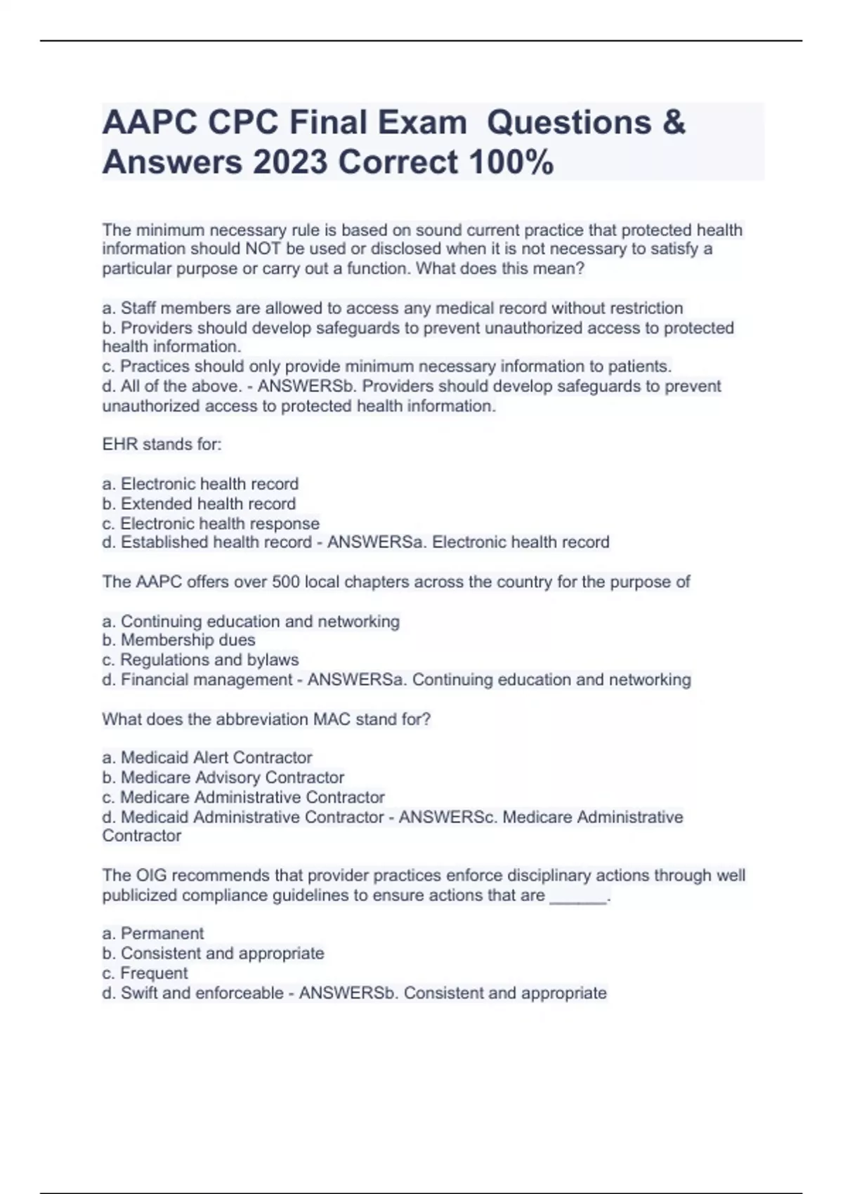 AAPC CPC Final Exam Questions & Answers 2023 Correct 100% - AAPC CPC ...