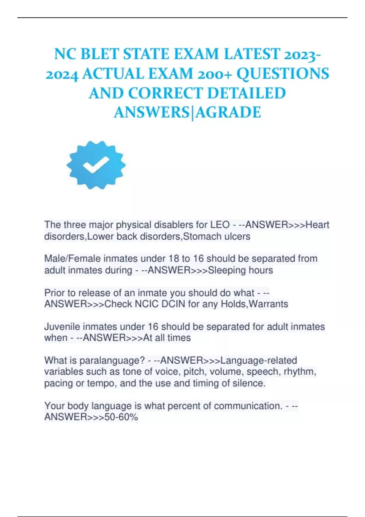 NC BLET State Exam Questions And Answers (2023 – 2024) With Complete ...