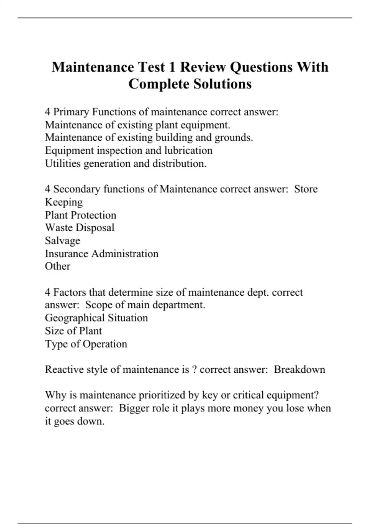 Maintenance Test 1 Review Questions With Complete Solutions ...