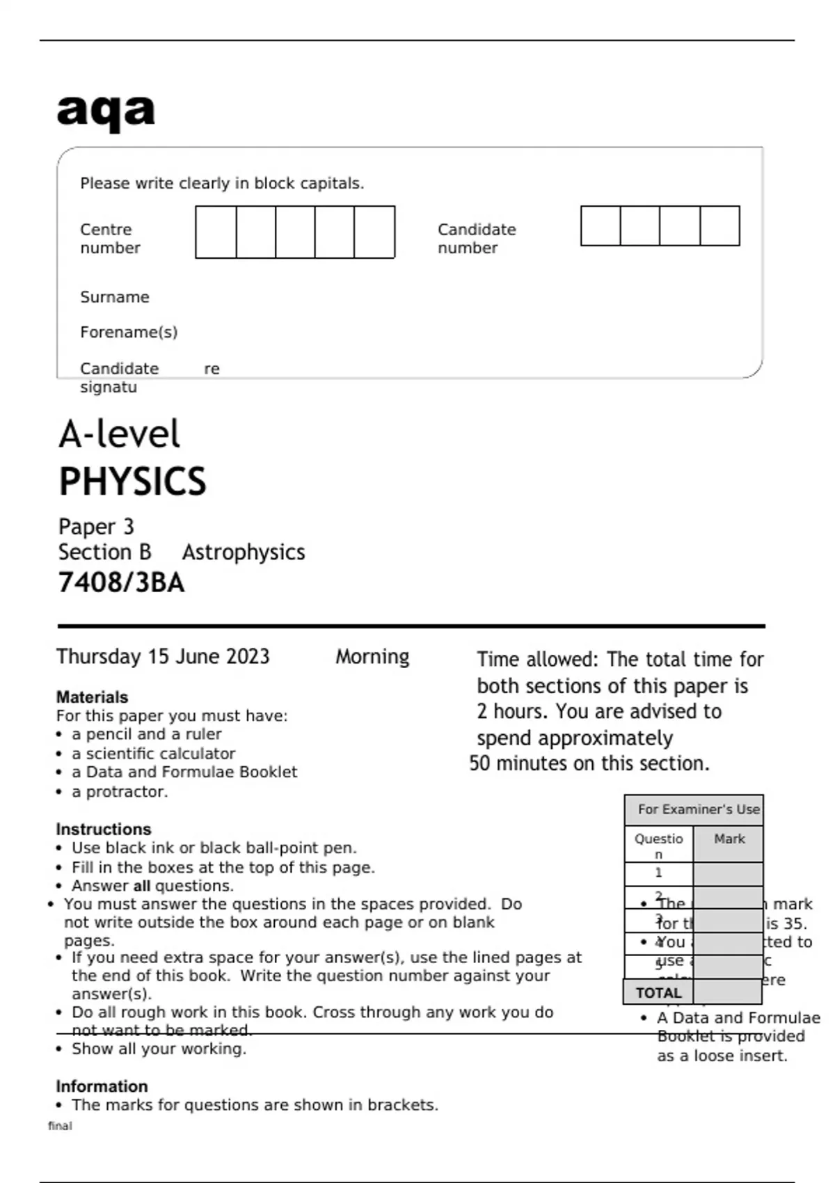Aqa A-level Physics 7408/3BA June23 Question Paper - A-level Physics ...