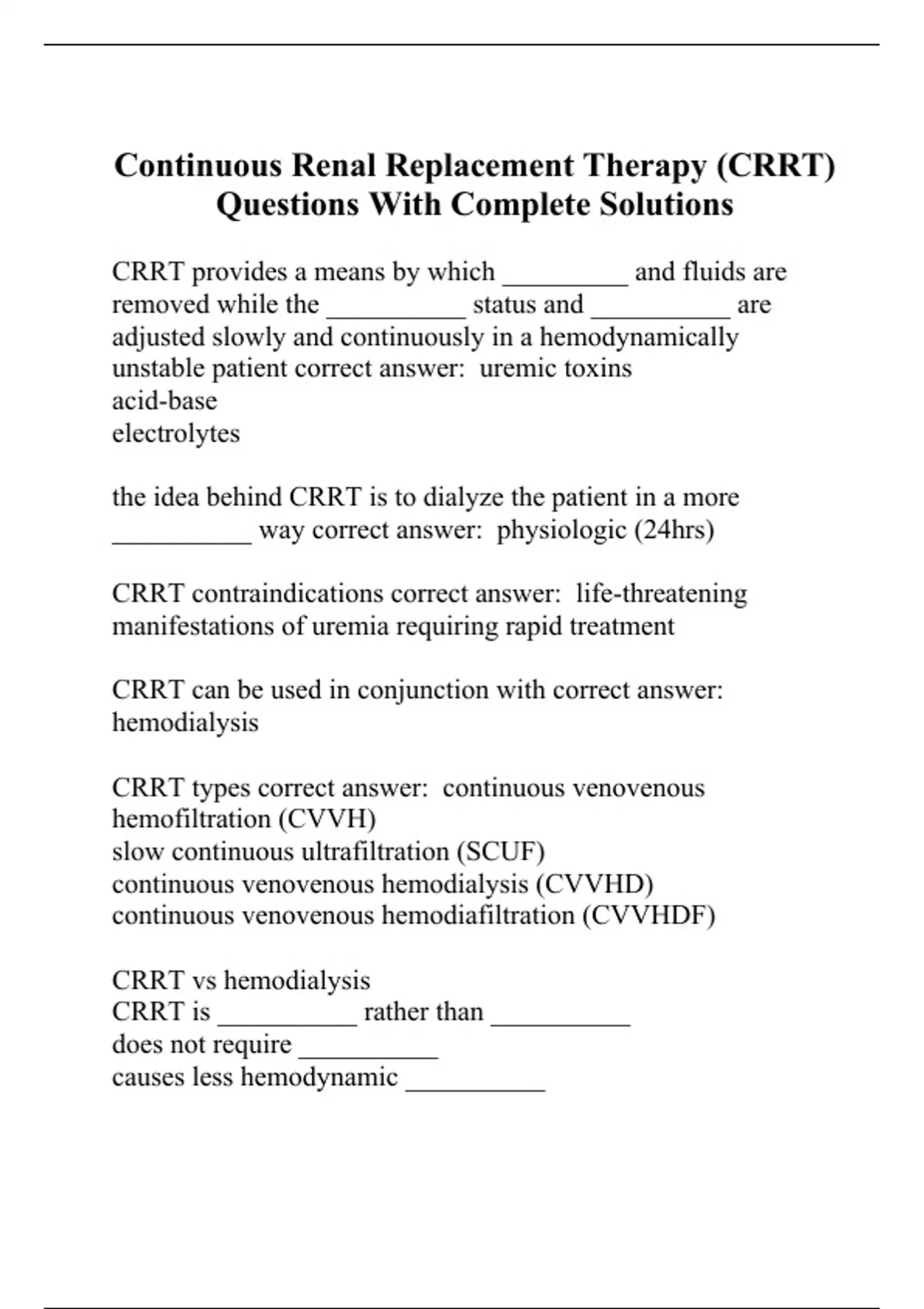 Continuous Renal Replacement Therapy (CRRT) Questions With Complete ...