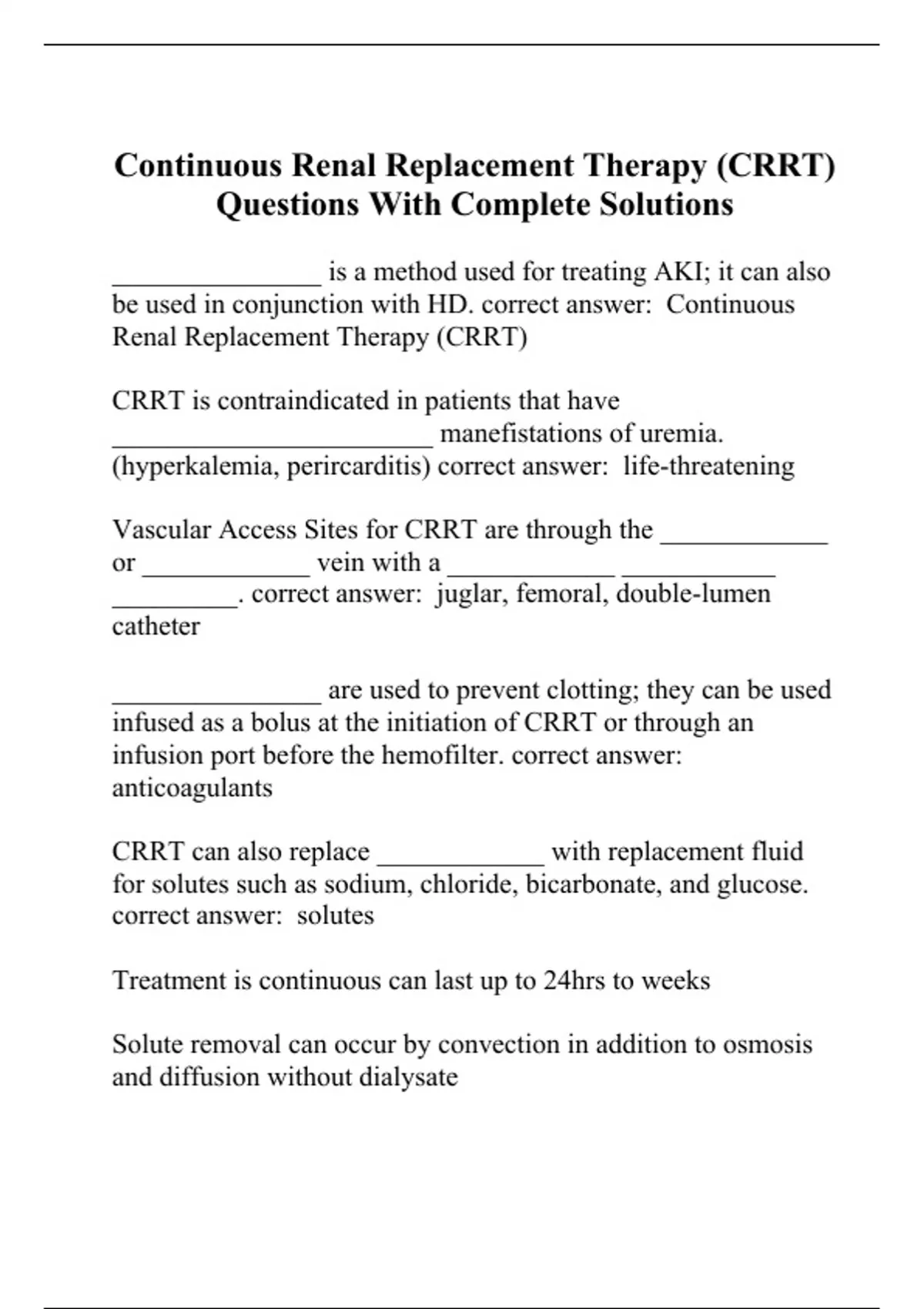Continuous Renal Replacement Therapy (CRRT) Questions With Complete ...