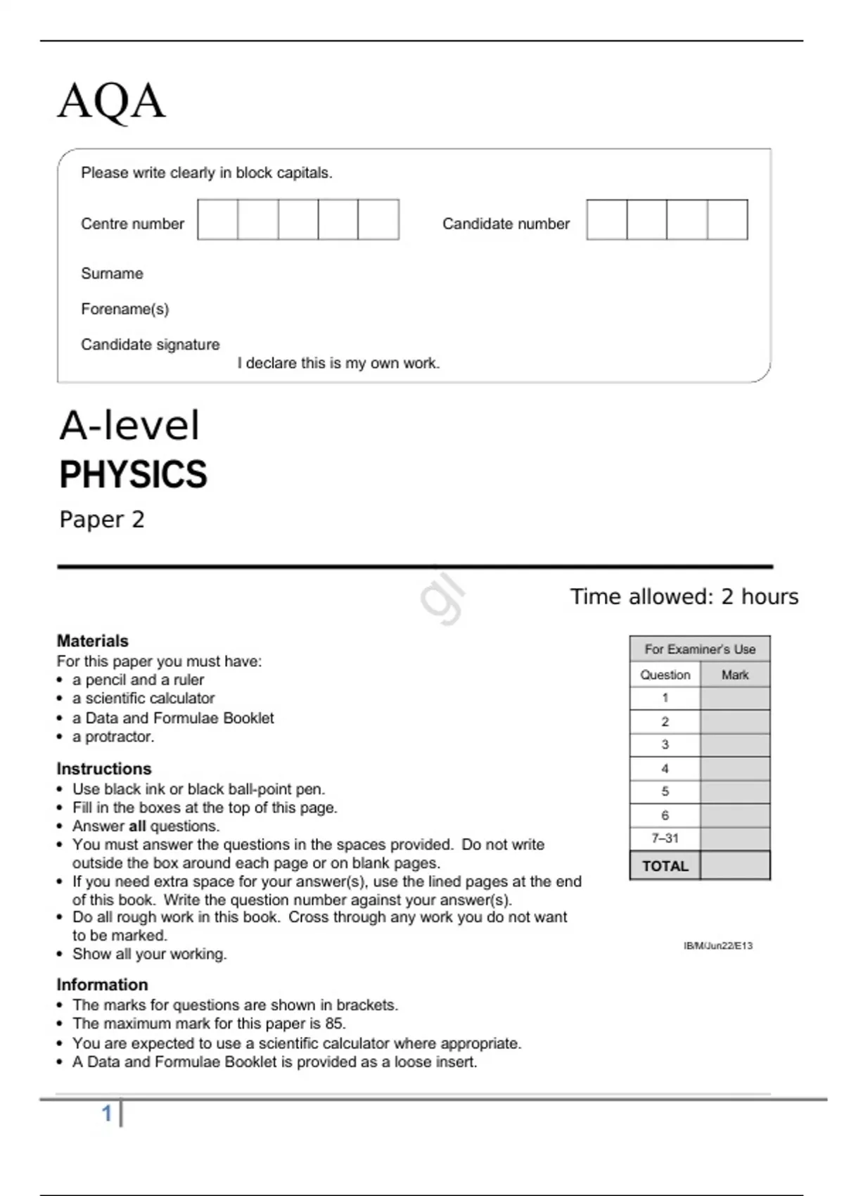AQA A LEVEL PHYSICS 7408/2 Paper 2 both Mark scheme and Question paper ...