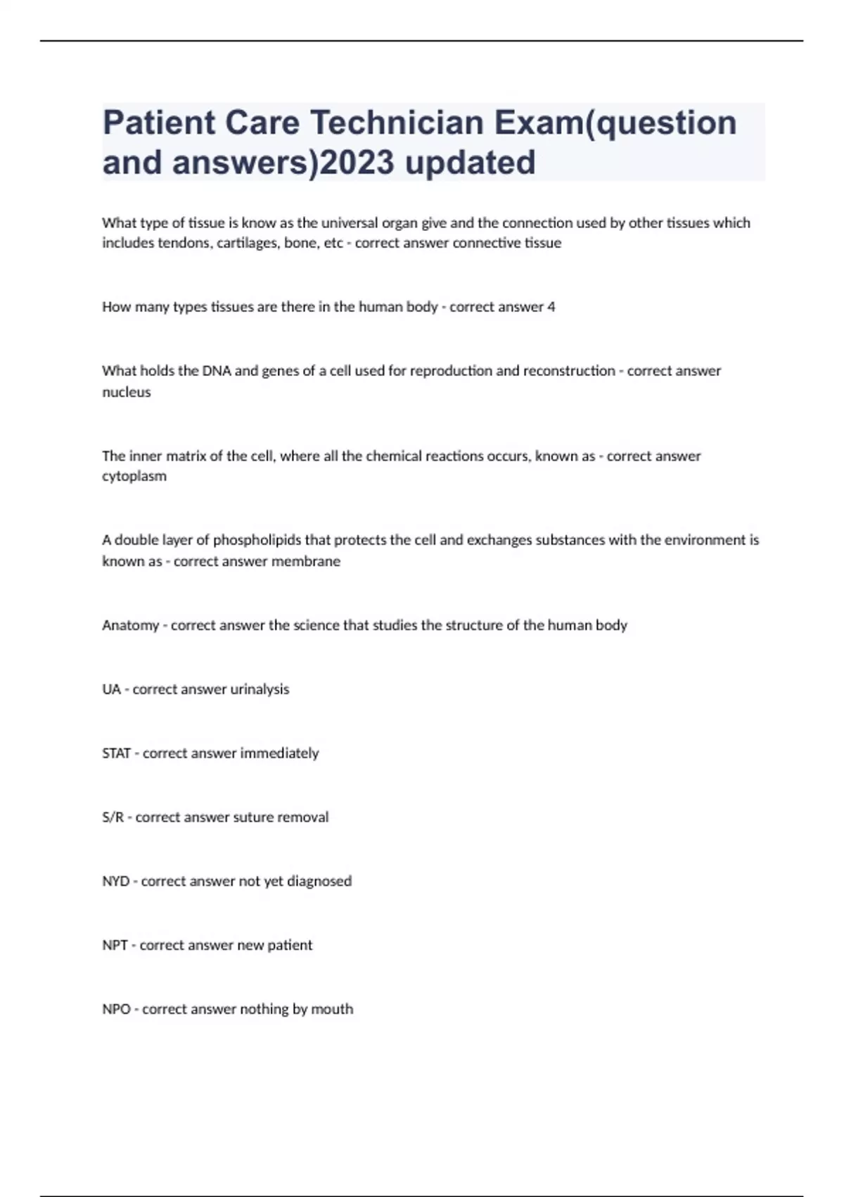 package deal for PATIENT CARE TECHNICIAN EXAM 2023 updated - Stuvia US