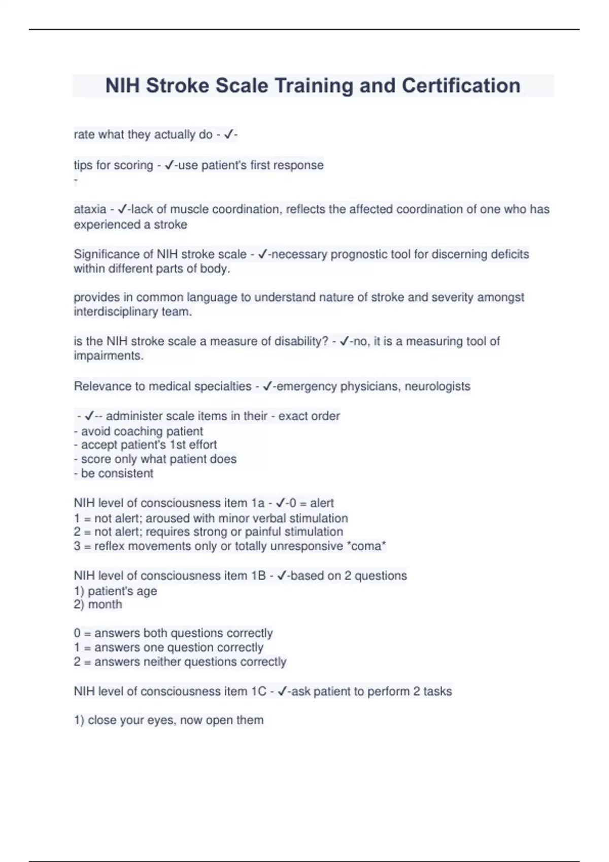 NIH Stroke Scale Training and Certification (2023/2024) 100% Correct ...