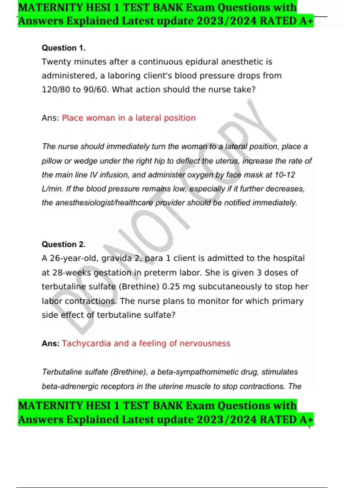MATERNITY HESI 1 TEST BANK Exam Questions with Answers Explained Latest ...