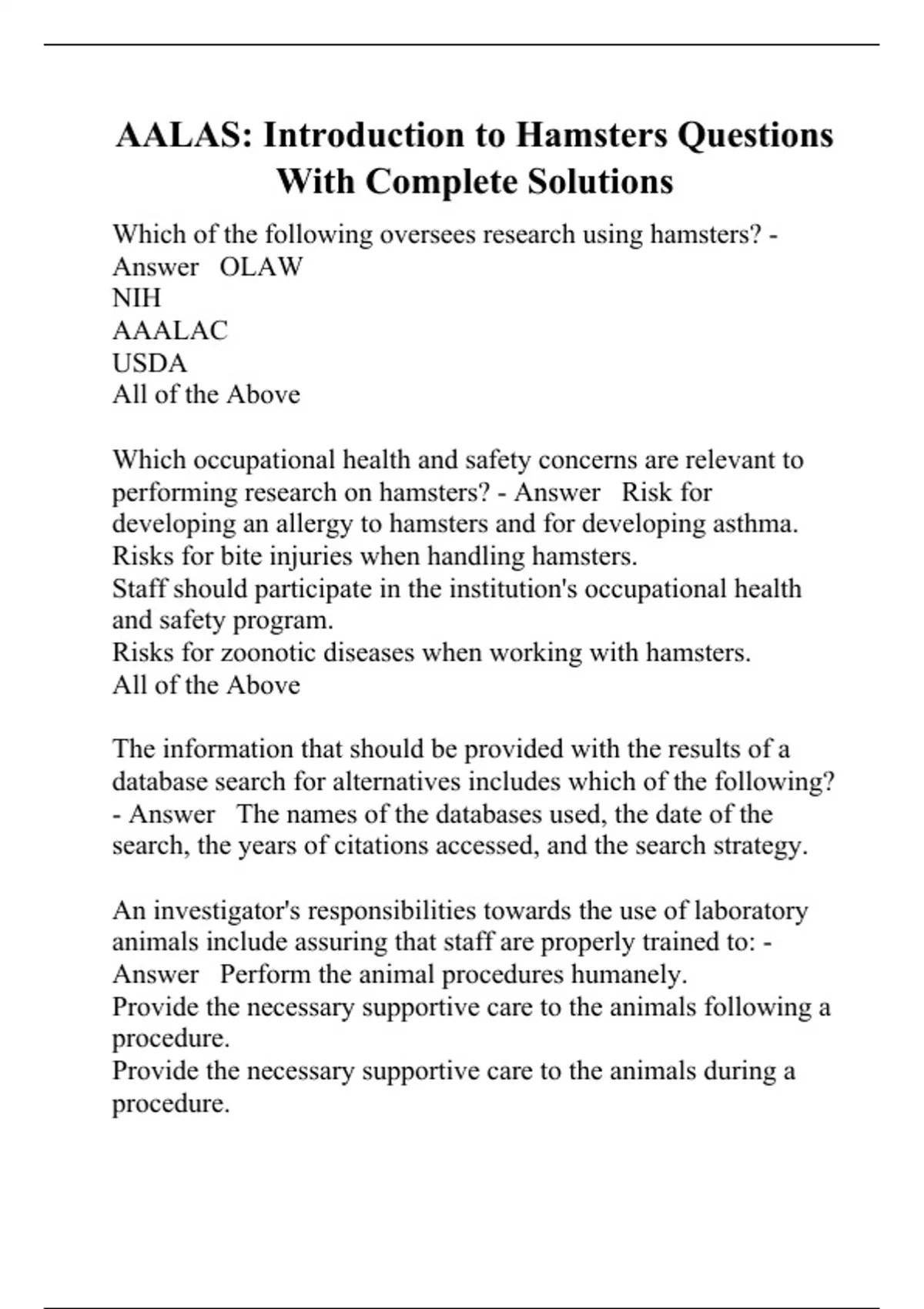 AALAS: Introduction to Hamsters Questions With Complete Solutions ...