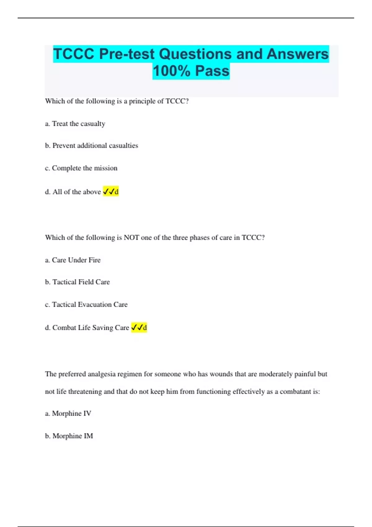 Tccc Pre Test Questions And Answers 100 Pass Tccc Stuvia Us