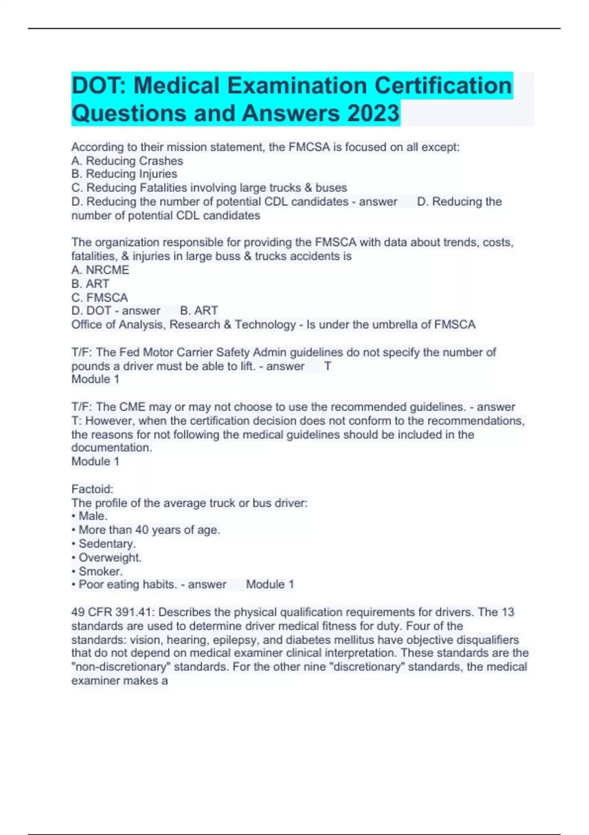 DOT: Medical Examination Certification Questions and Answers 2023 - Nrcme - Stuvia US