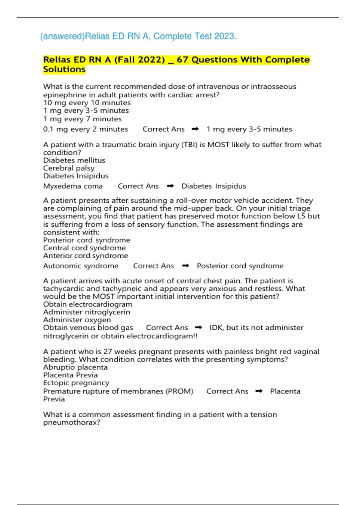 Relias ED RN A (Fall 2022) _ 67 Questions With Complete Solutions ...