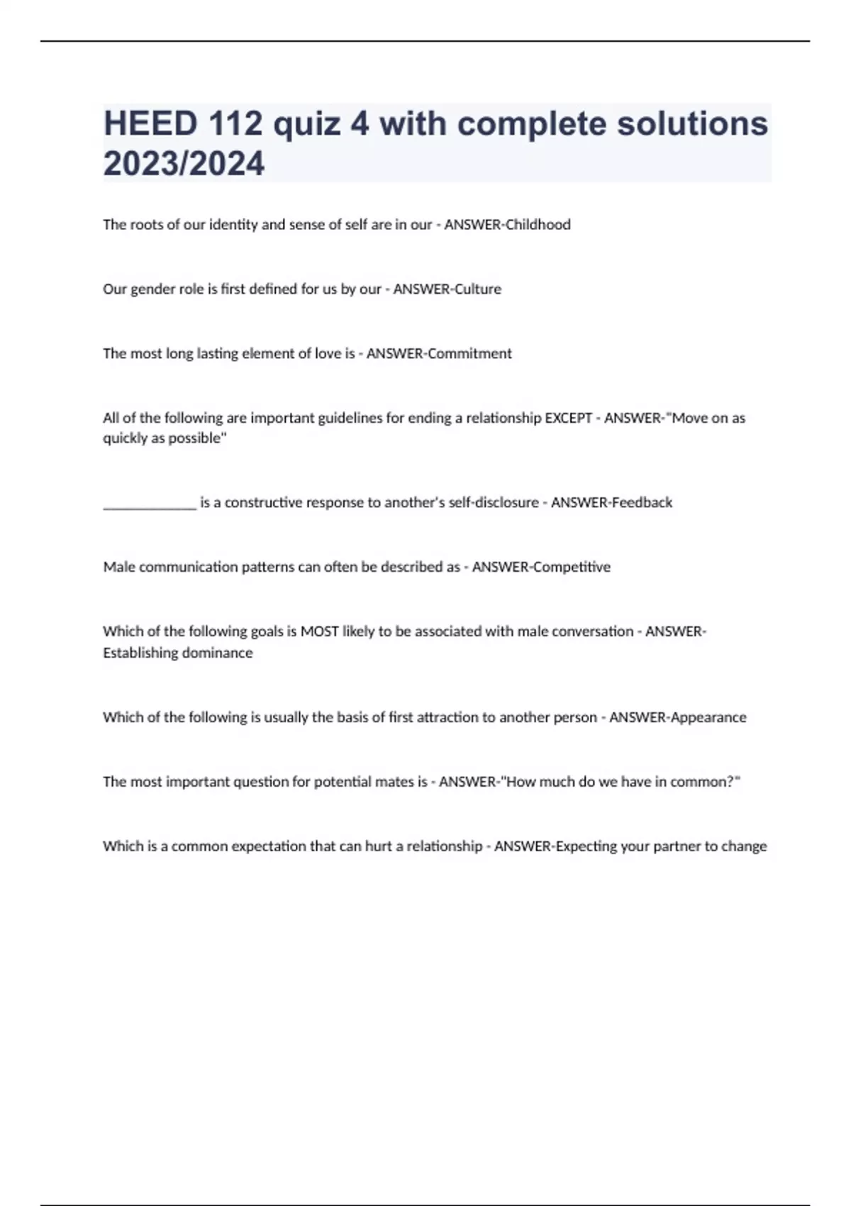 HEED 112 quiz 4 with complete solutions 2023/2024 - HEED 112 - Stuvia US