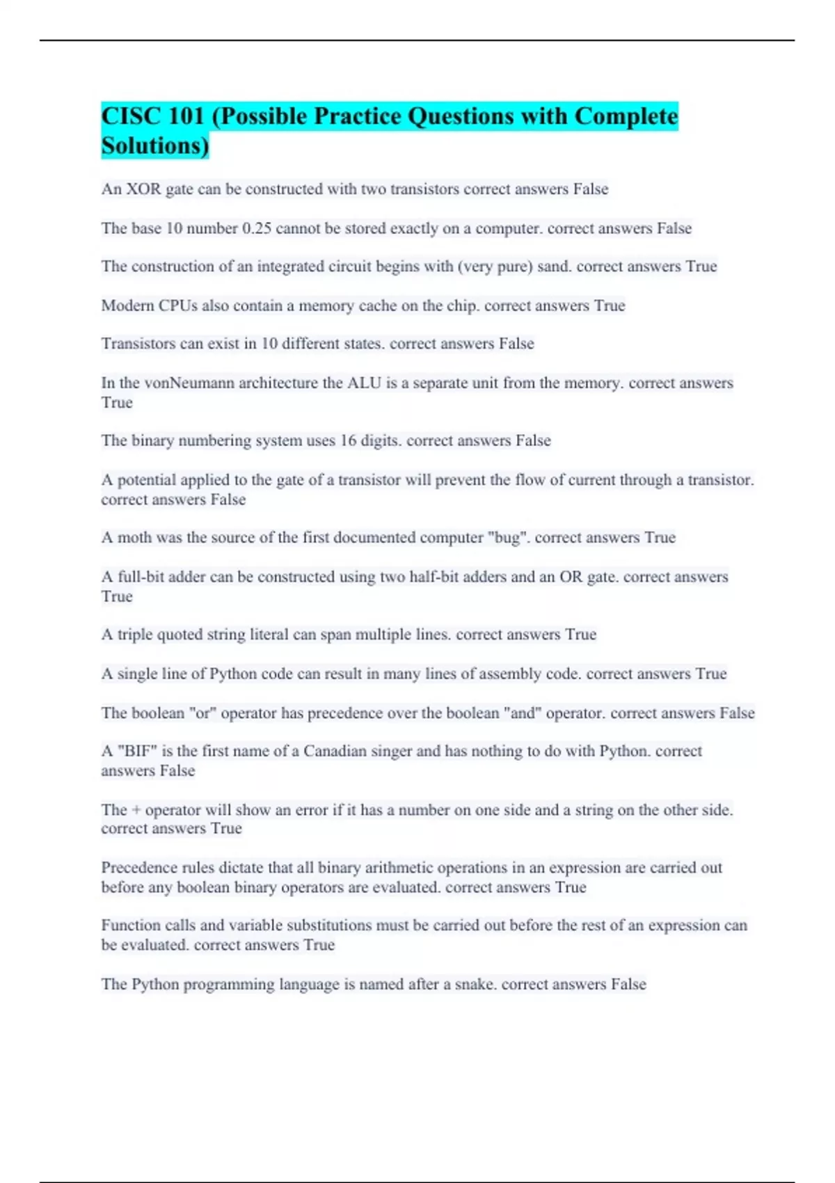 CISC 101 (Possible Practice Questions with Complete Solutions) - CISC 101 - Stuvia US