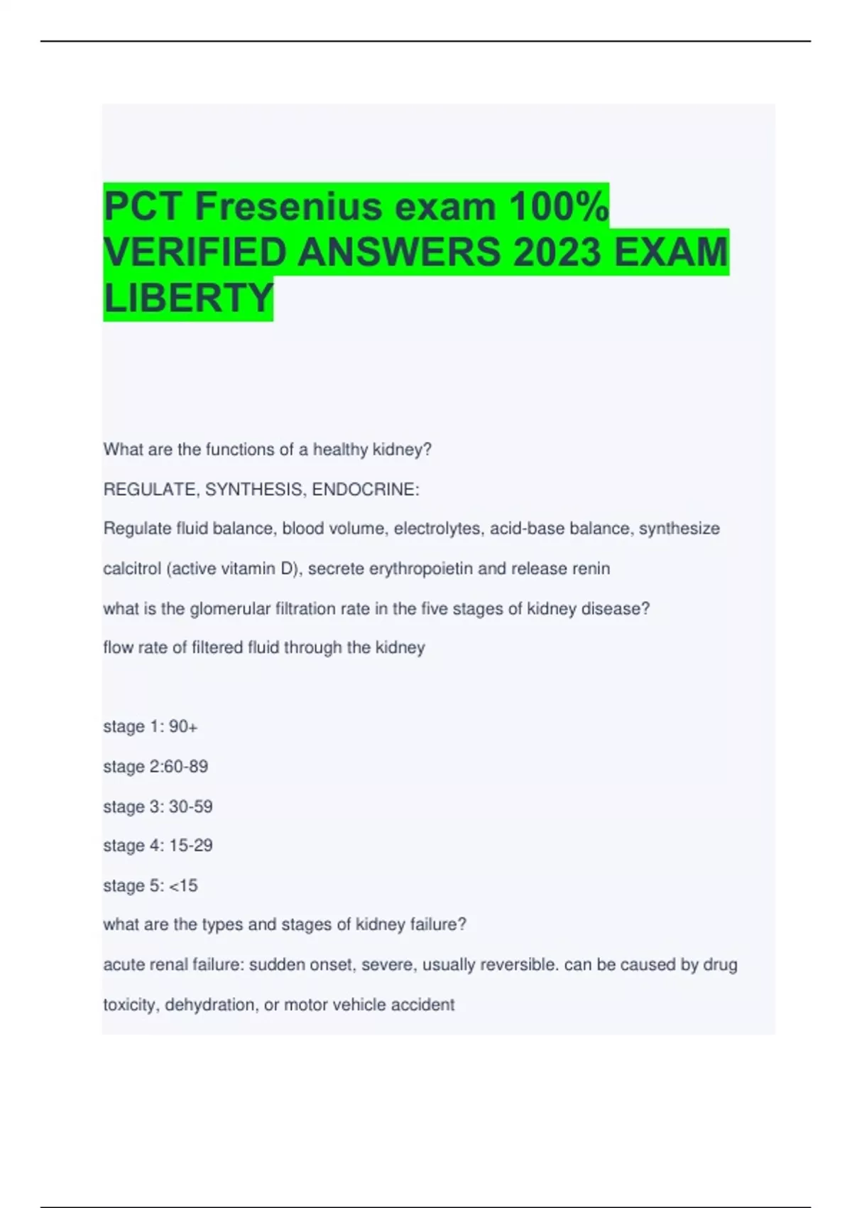 PCT Fresenius exam 100% VERIFIED ANSWERS 2023 EXAM LIBERTY - PCT ...