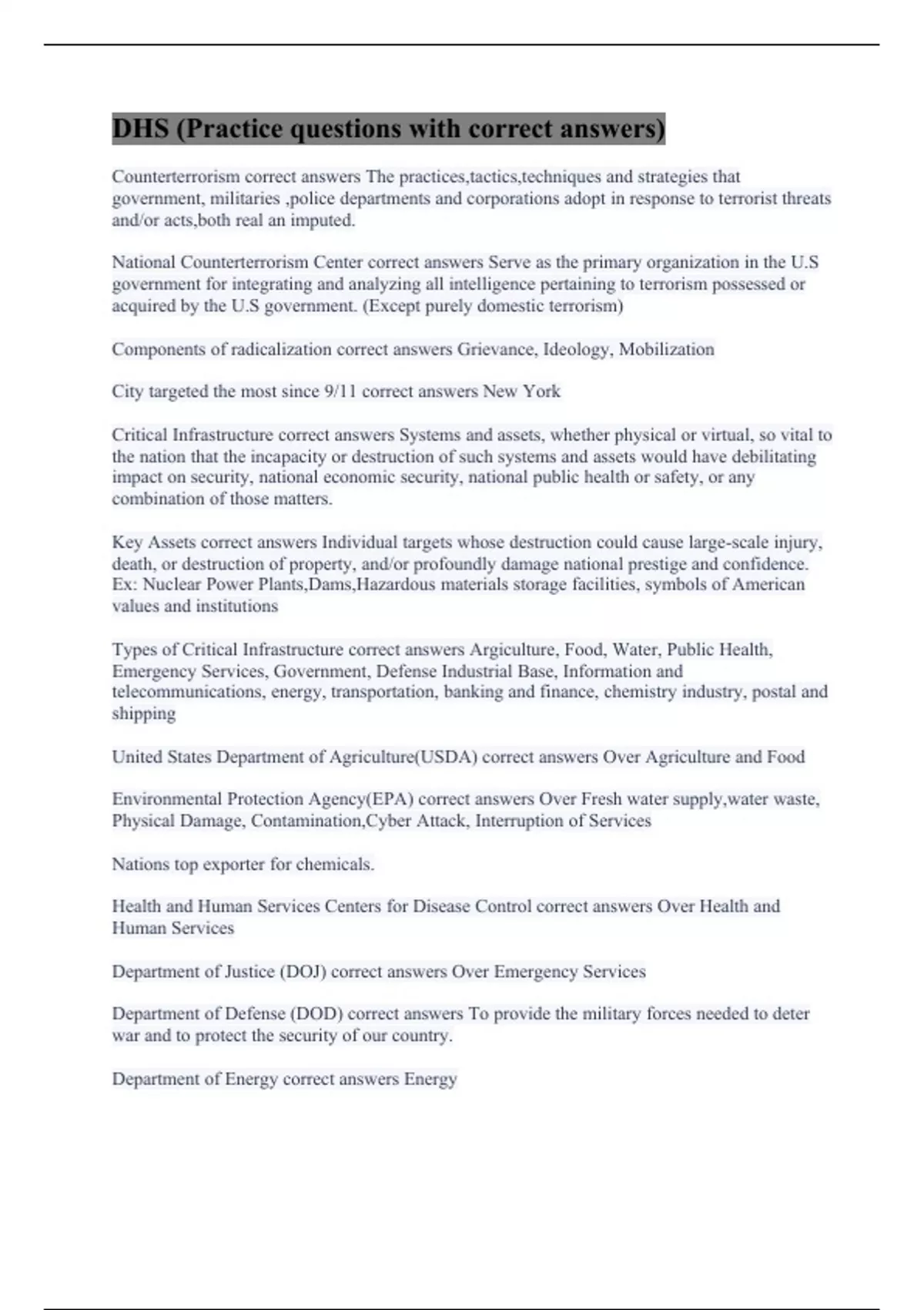 DHS (Practice questions with correct answers) - DHS - Stuvia US