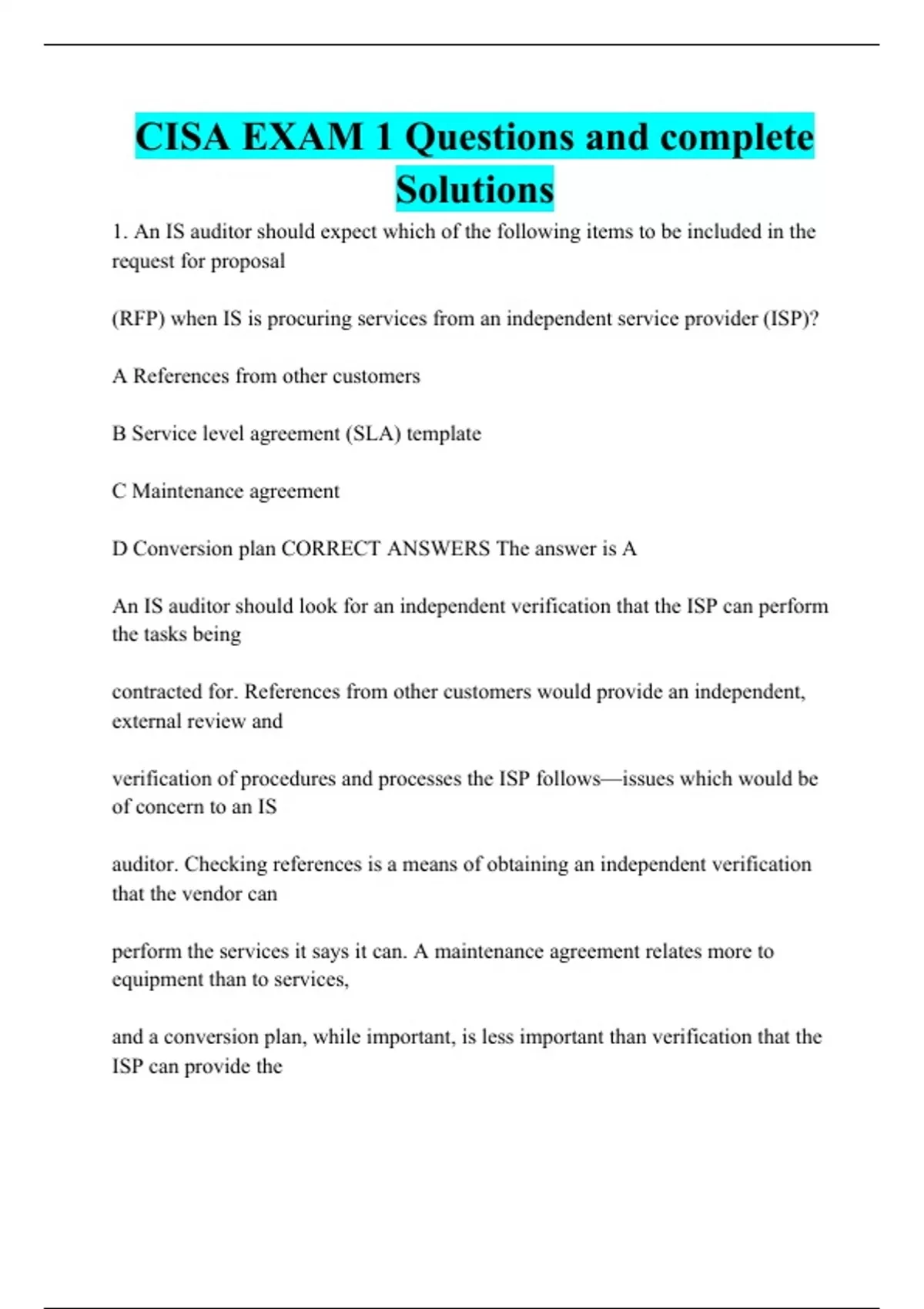 CISA EXAM 1 Questions and complete Solutions - CISA - Certified ...