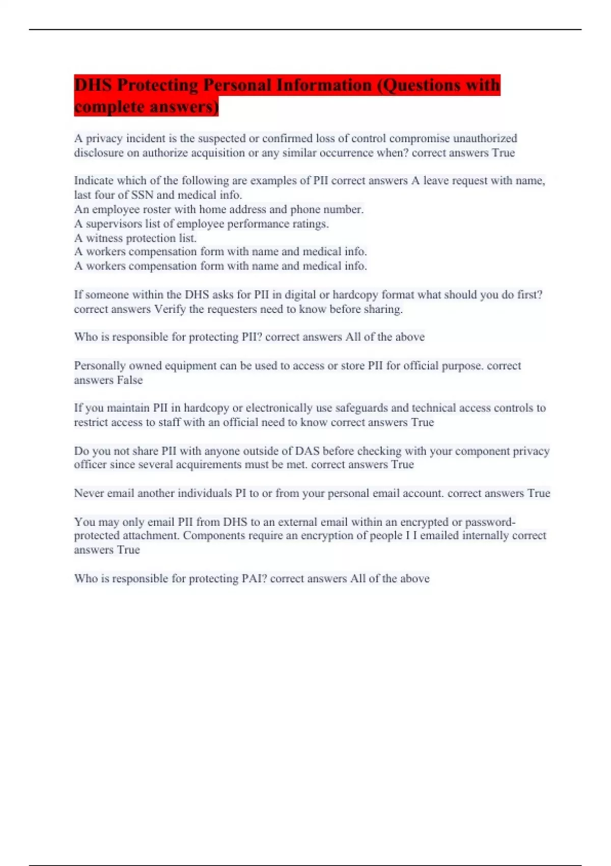 DHS Protecting Personal Information (Questions with complete answers ...