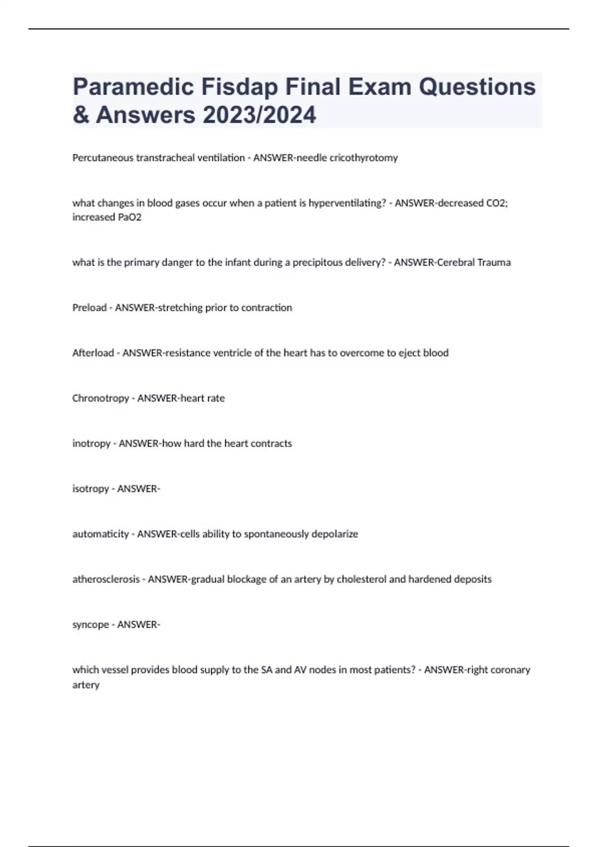 Paramedic Fisdap Final Exam Questions & Answers 2023/2024 - Paramedic ...