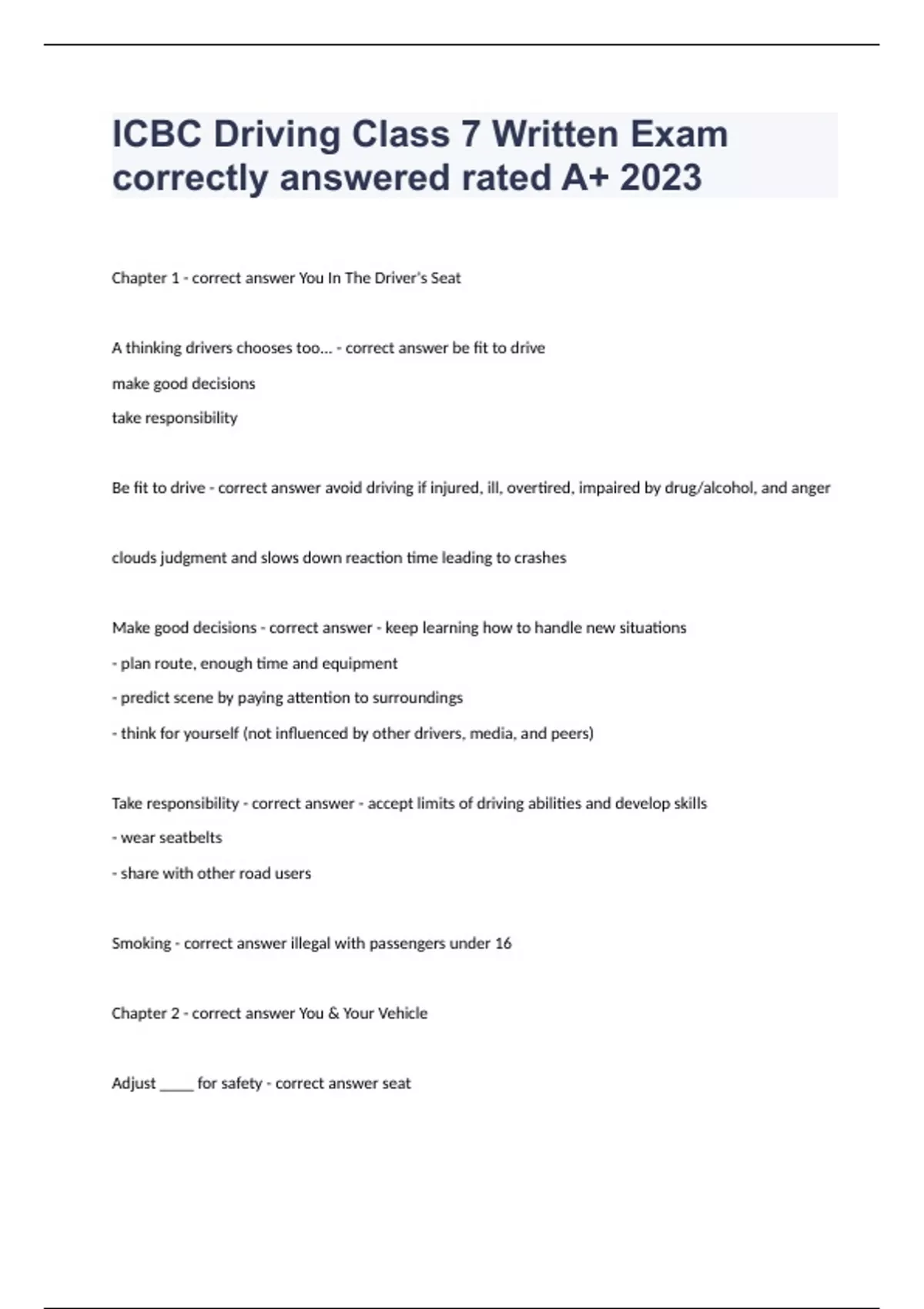 ICBC Driving Class 7 Written Exam correctly answered rated A+ 2023 ...