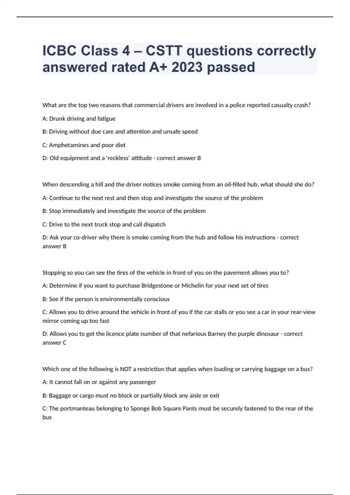 ICBC Class 4 – CSTT questions correctly answered rated A+ 2023 passed ...