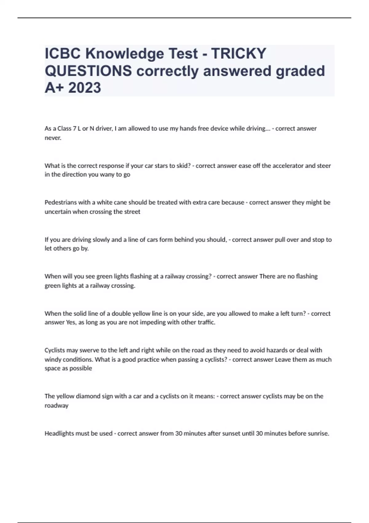 ICBC Knowledge Test - TRICKY QUESTIONS correctly answered graded A+ ...