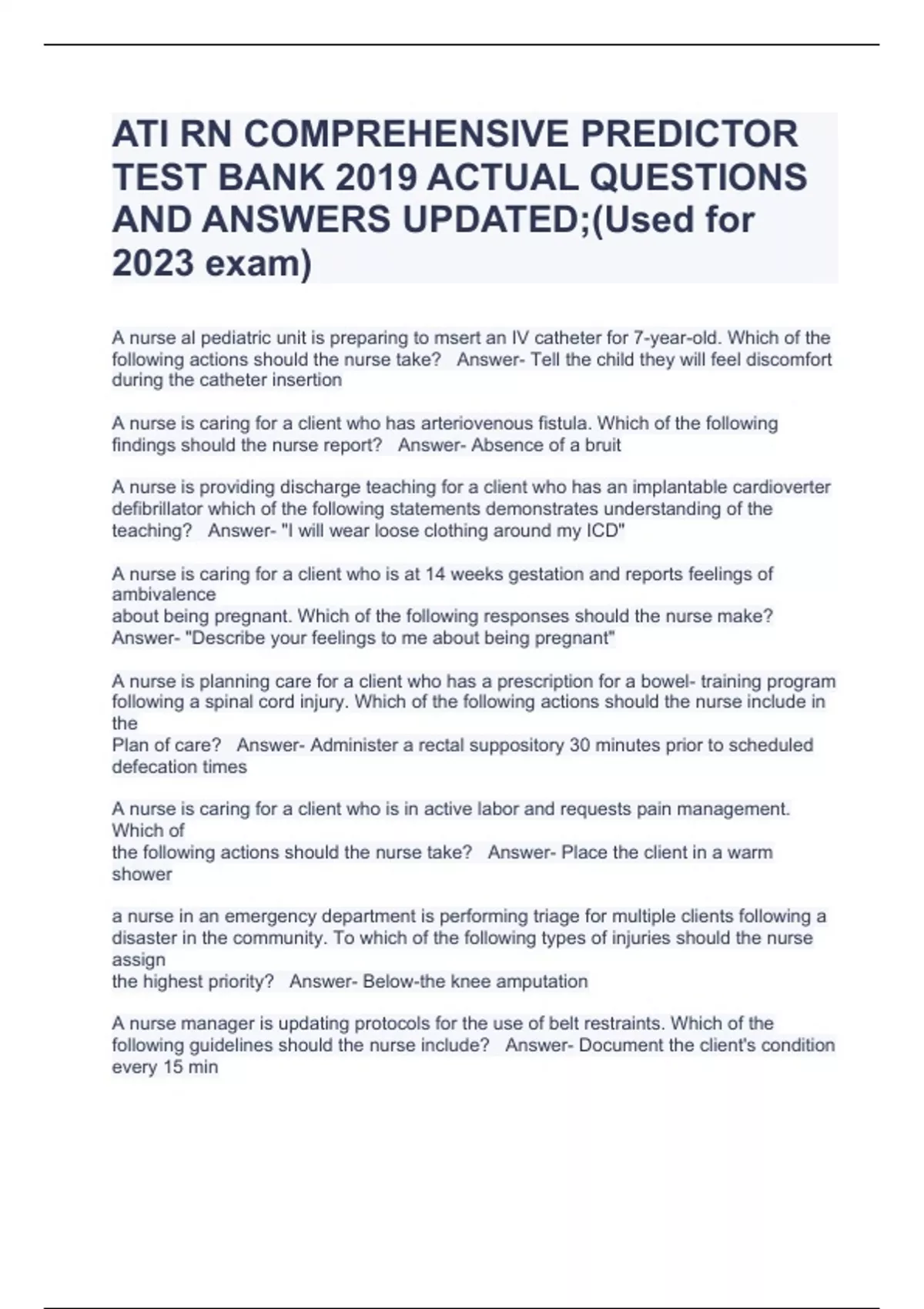 ATI RN COMPREHENSIVE PREDICTOR TEST BANK 2019 ACTUAL QUESTIONS AND ...