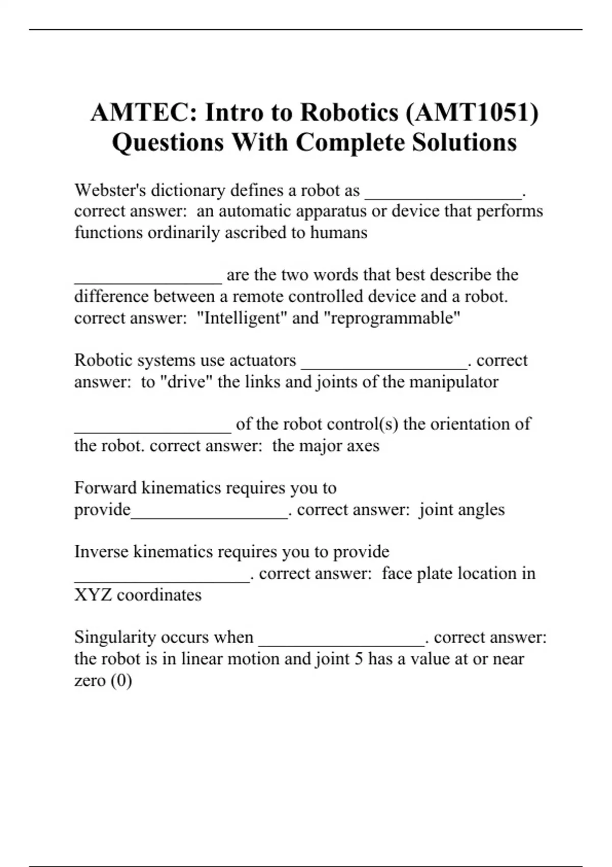AMTEC: Intro to Robotics (AMT1051) Questions With Complete Solutions ...