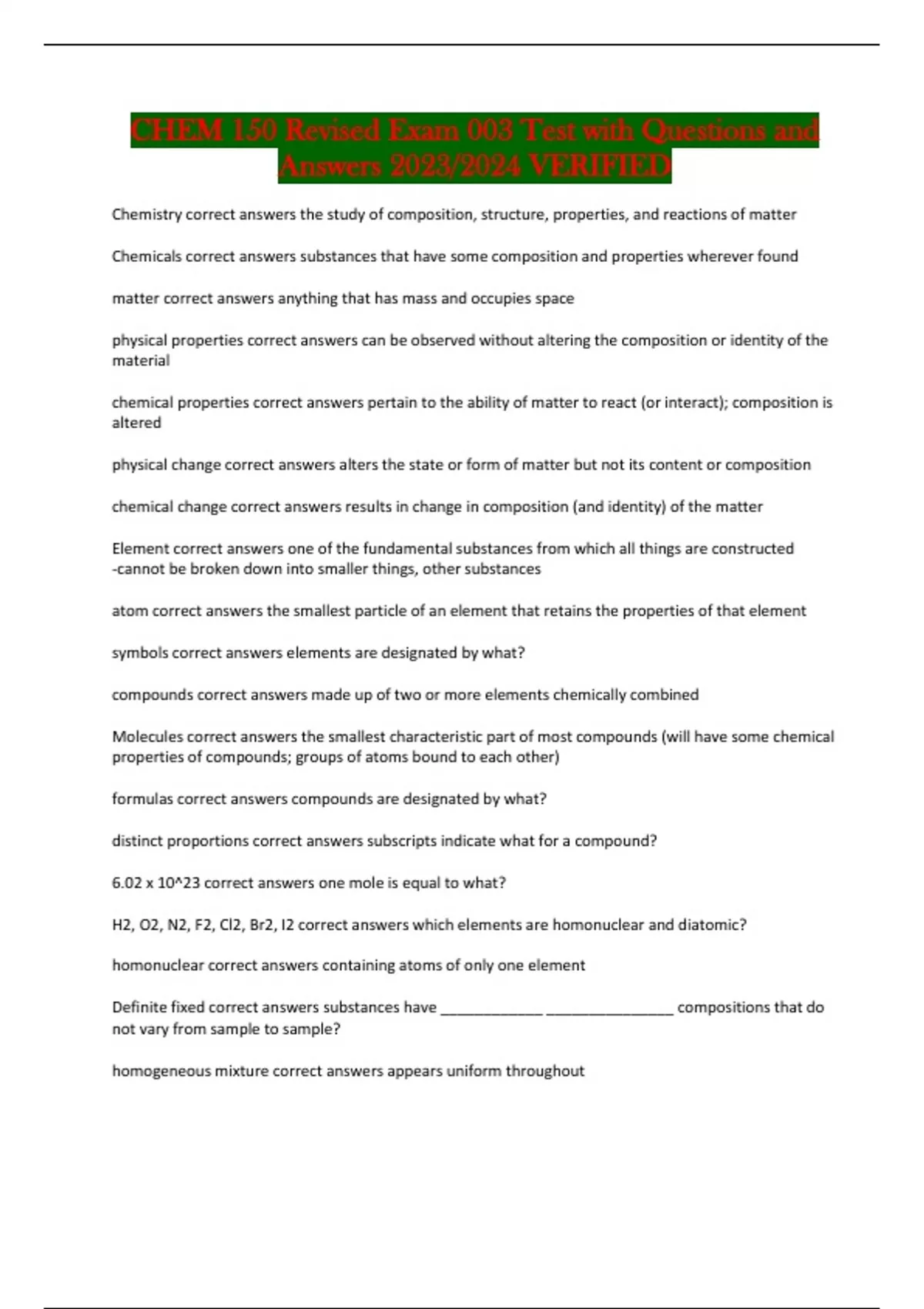 CHEM 150 Revised Exam 003 Test with Questions and Answers 2023/2024 ...