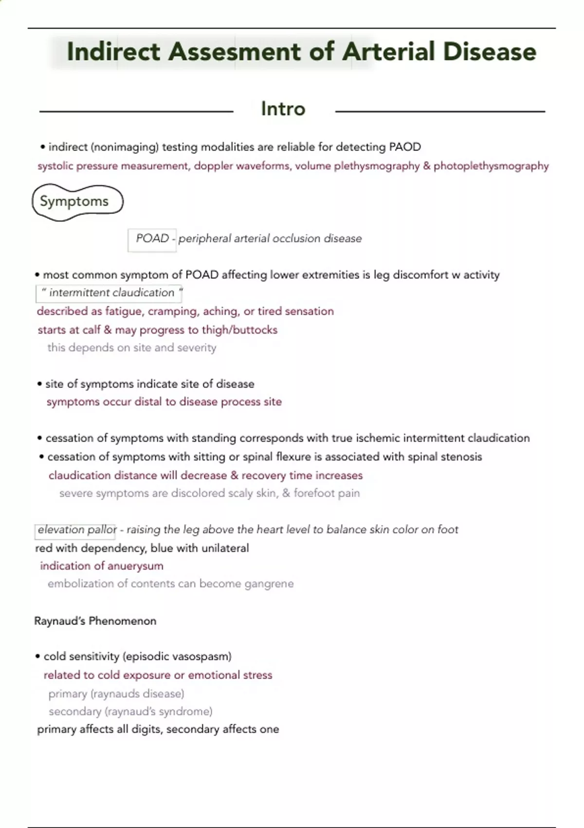 Summary 9. indirect assessment of arterial disease (vascular ultrasound ...