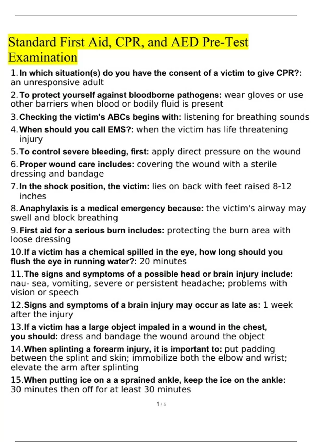Standard First Aid, CPR, and AED Pre-Test Examination Questions and ...