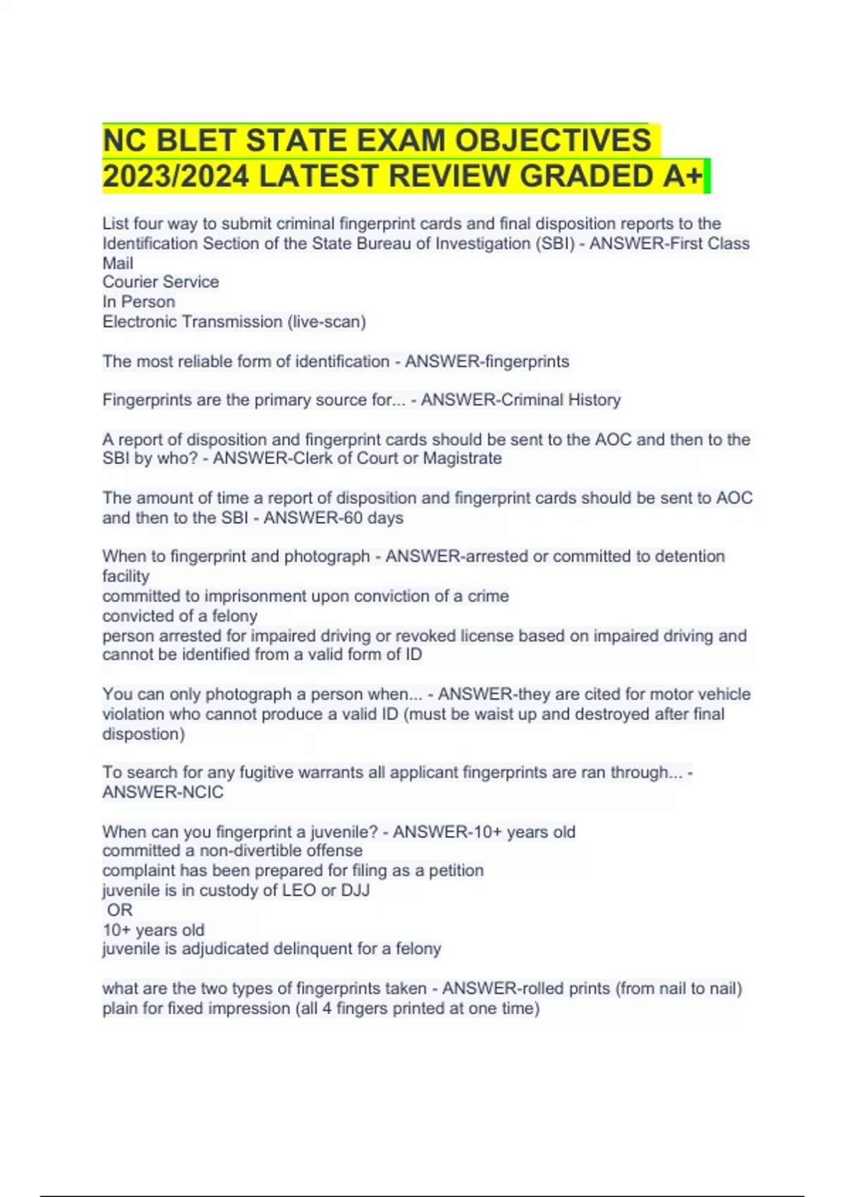 NC BLET STATE EXAM OBJECTIVES 2023/2024 LATEST REVIEW (GRADED A+) - Nc ...