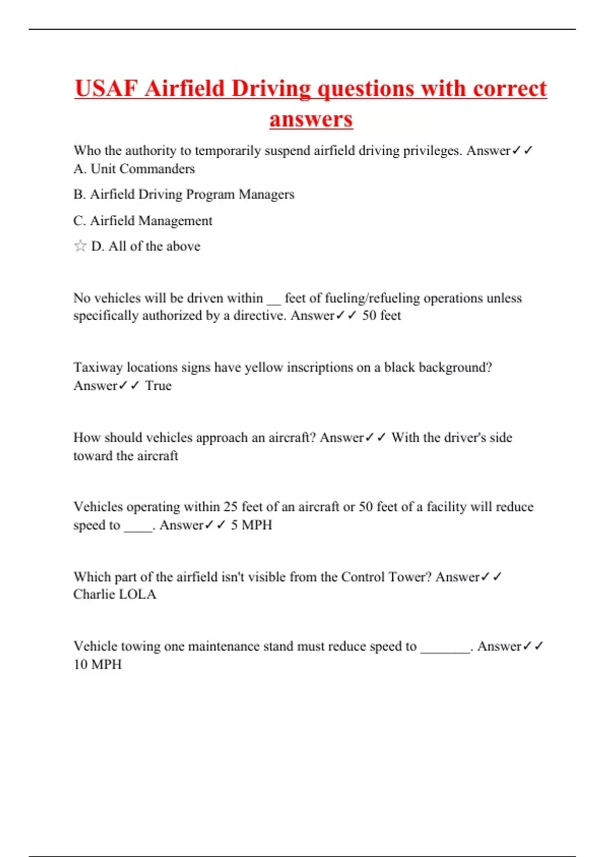 USAF Airfield Driving questions with correct answers - USAF - Stuvia US