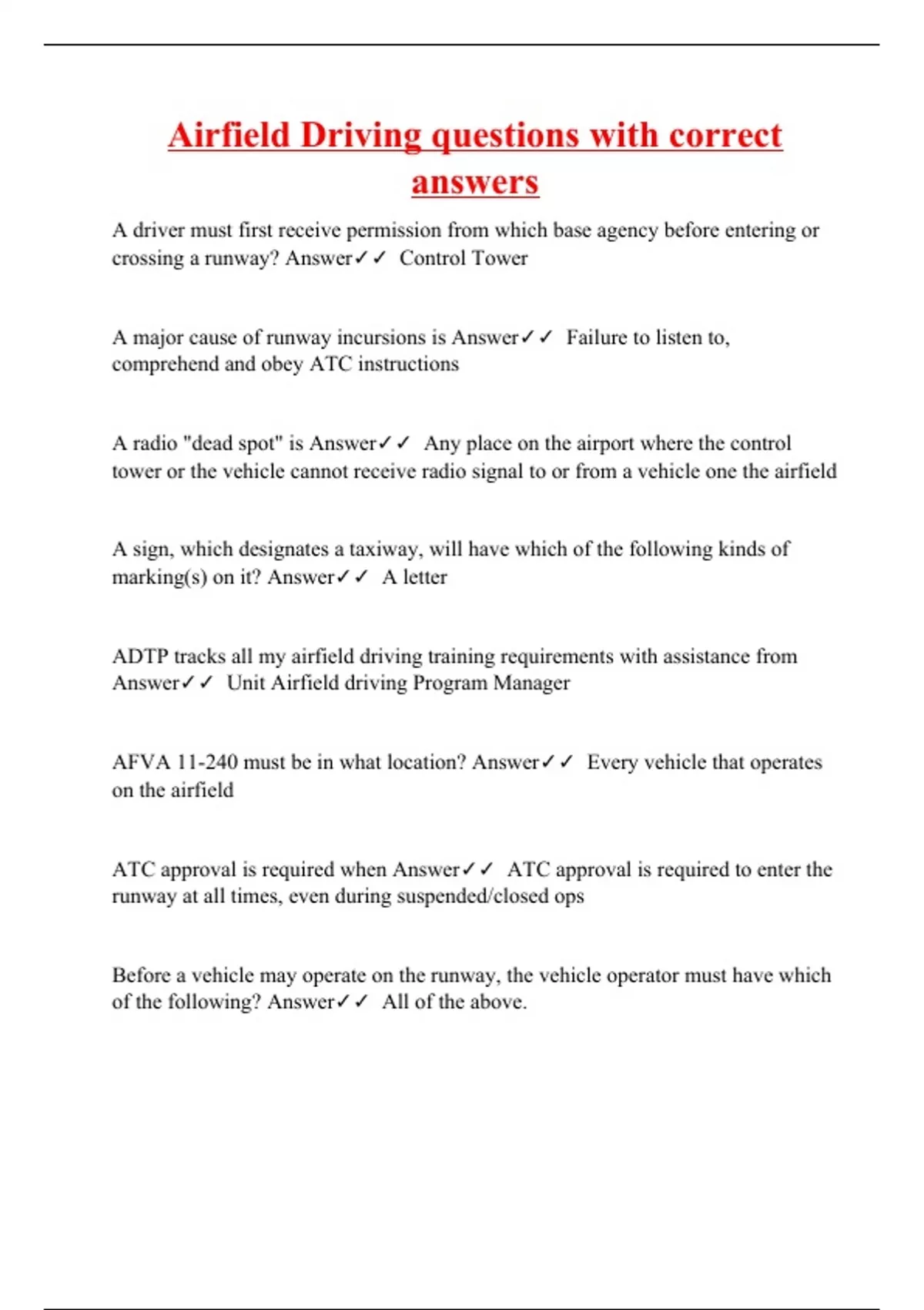 Airfield Driving questions with correct answers - Airfield Driving ...