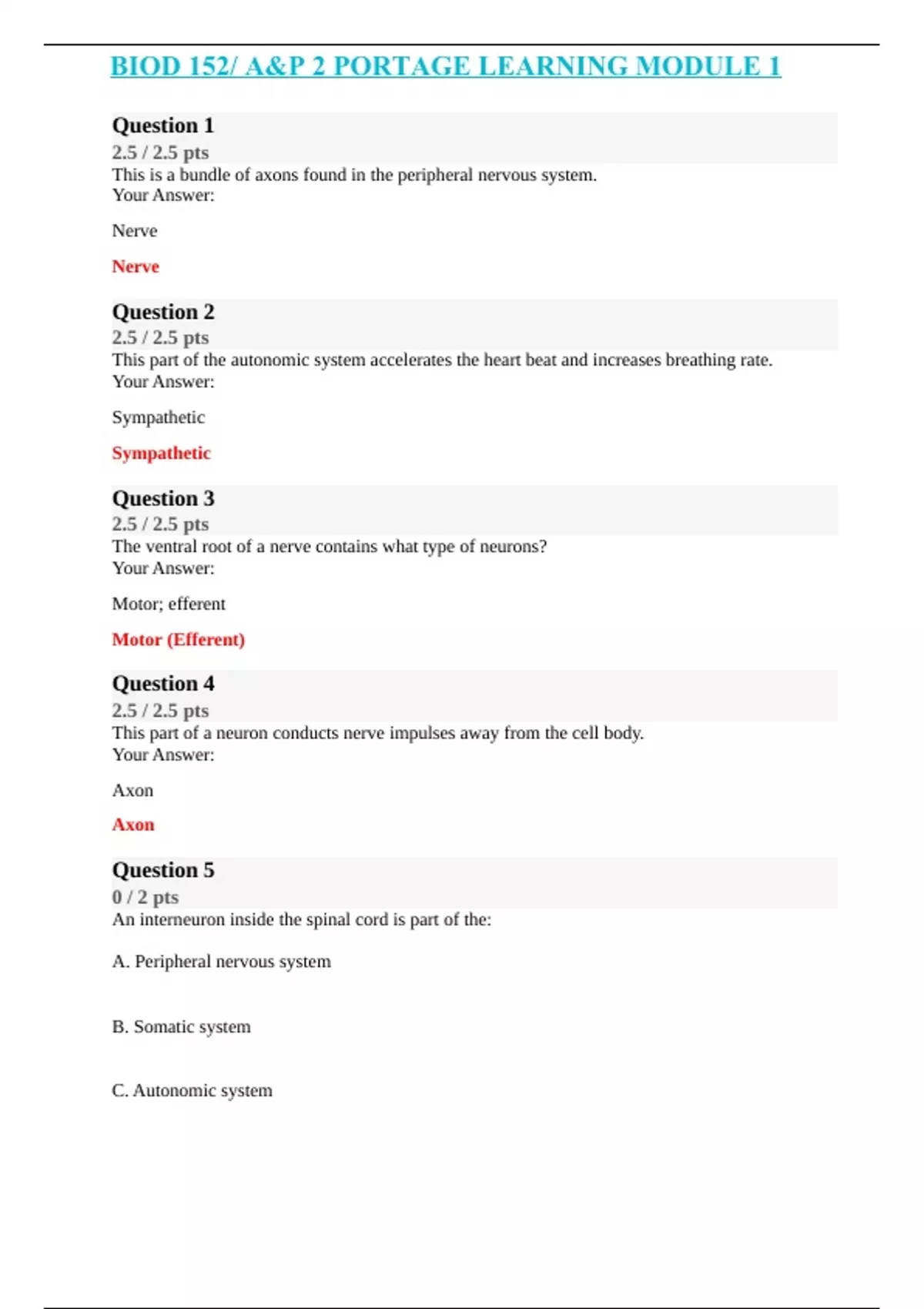 BIOD 152/A & P 2 Module 1 Exam Portage Learning Questions and Answers ...