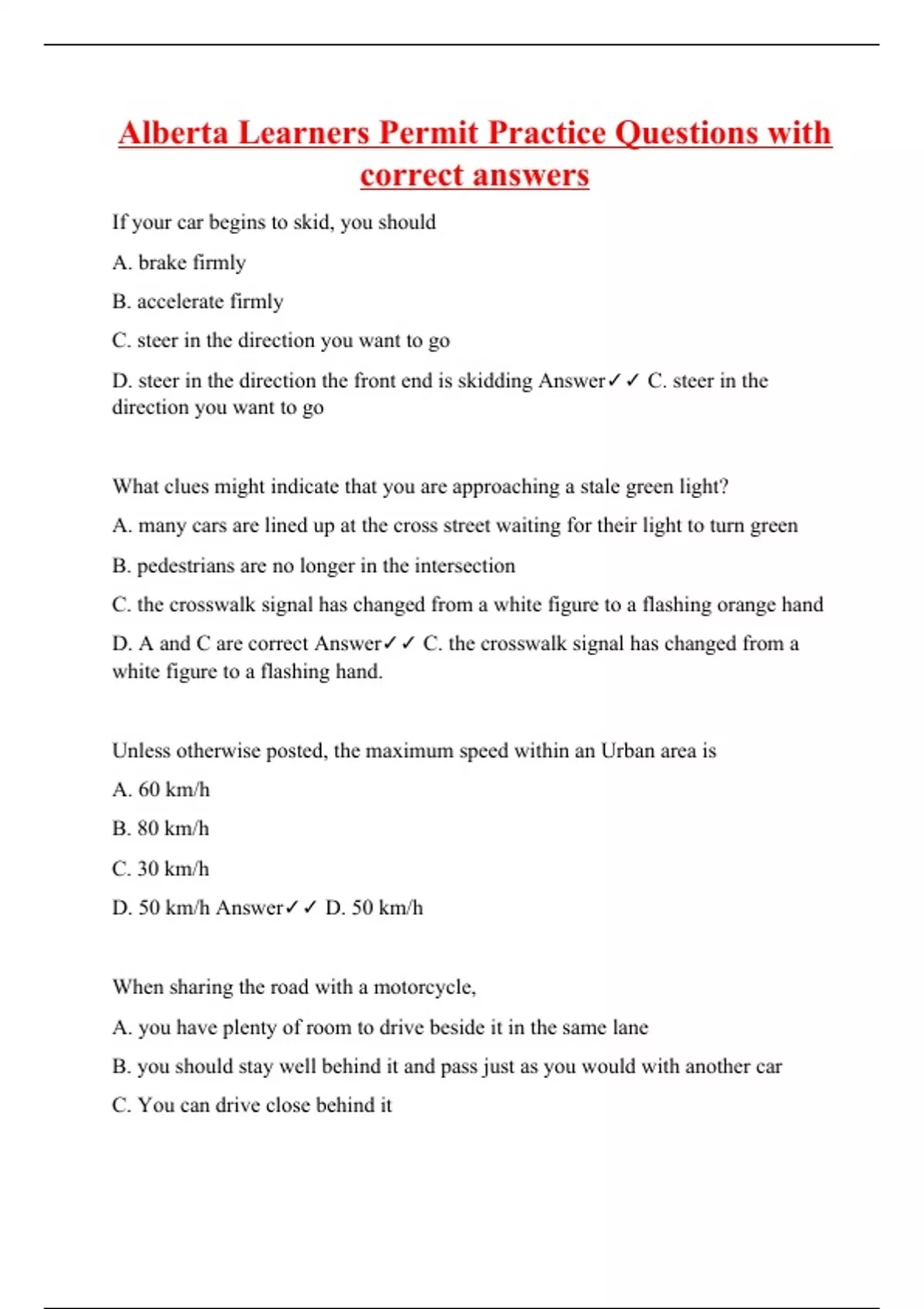 Alberta Learners Permit Practice Questions with correct answers ...