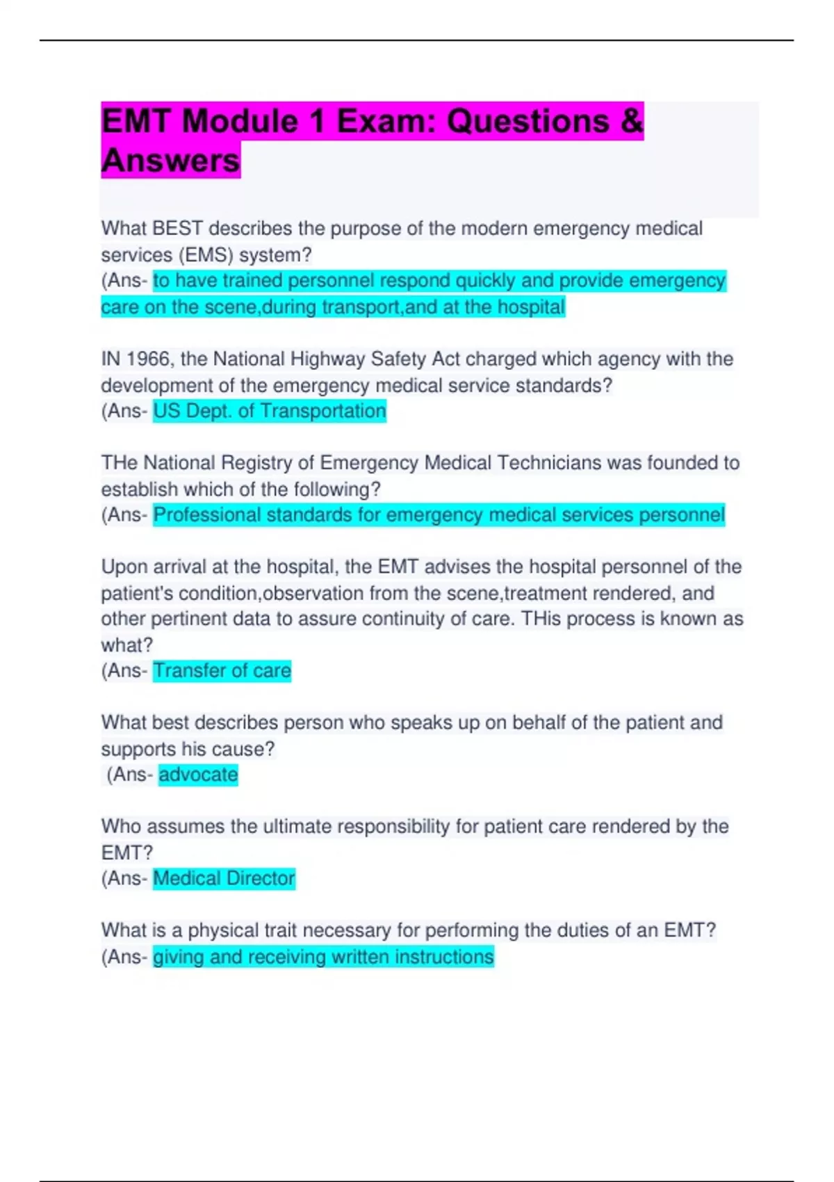 Emt Module 1 Exam Questions And Answers Updated A Score Solution Emt Stuvia Us