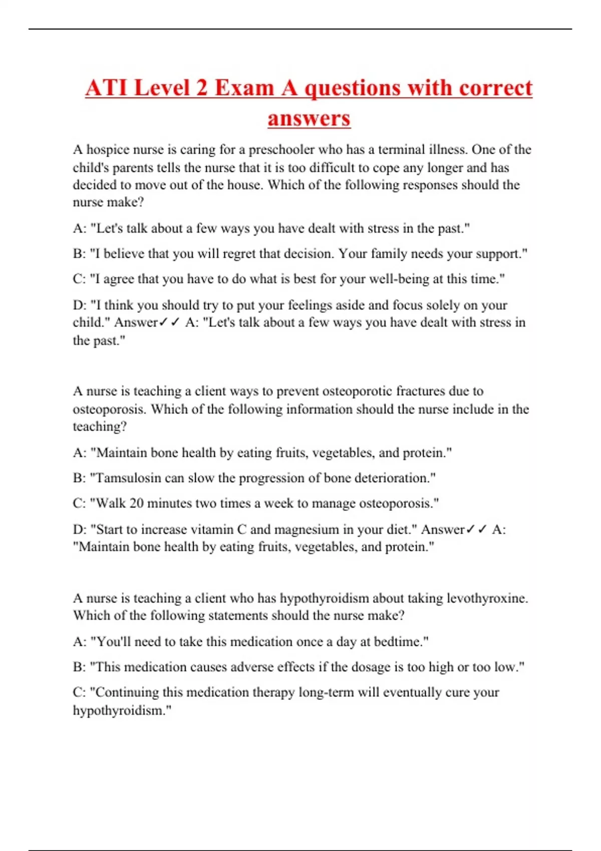 ATI Level 2 Exam A questions with correct answers - ATI Predictor ...