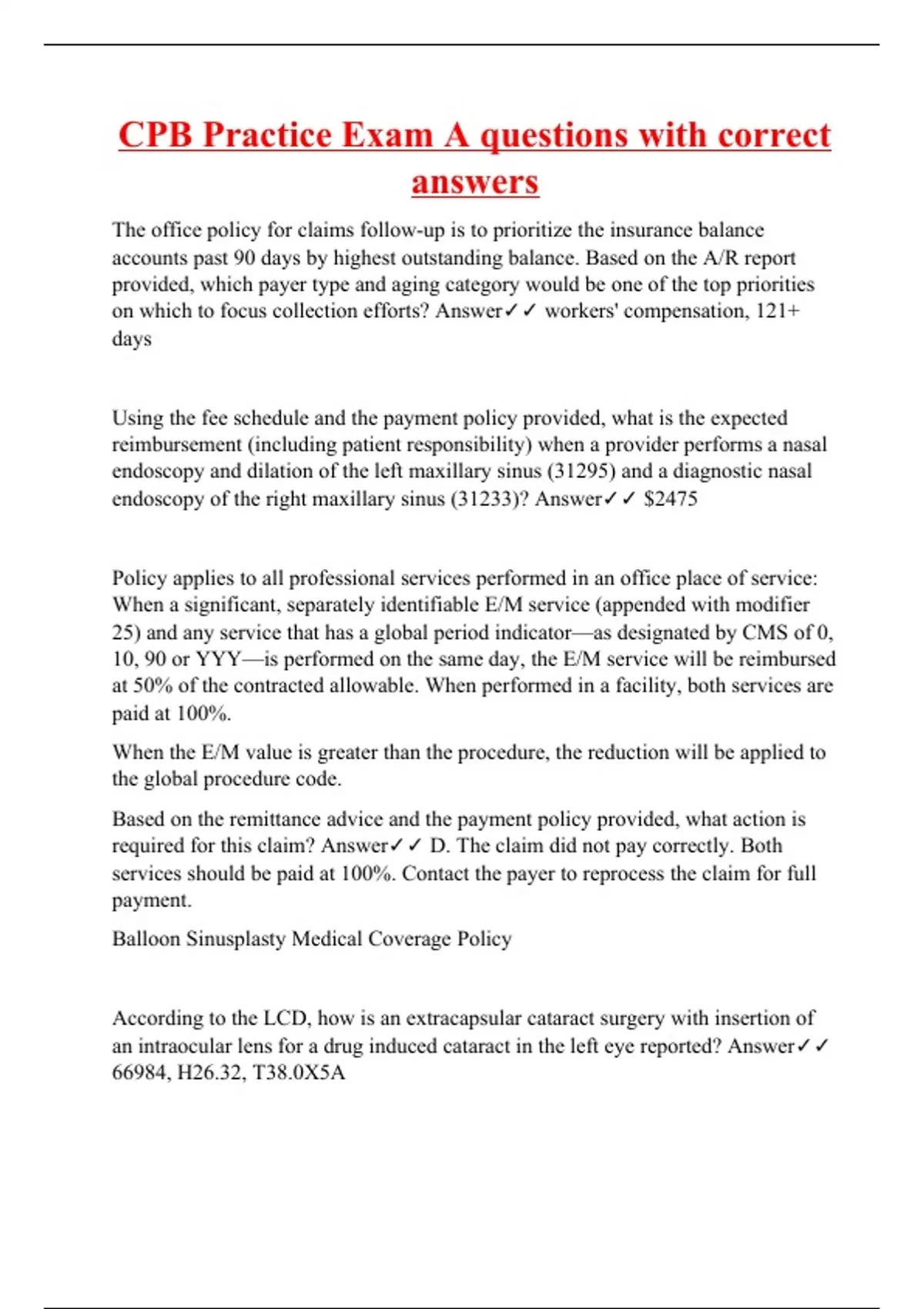 CPB Practice Exam A questions with correct answers - AAPC CPB - Stuvia US