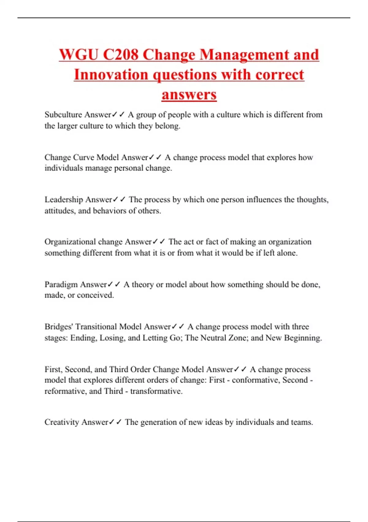 WGU C208 Change Management and Innovation questions with correct ...