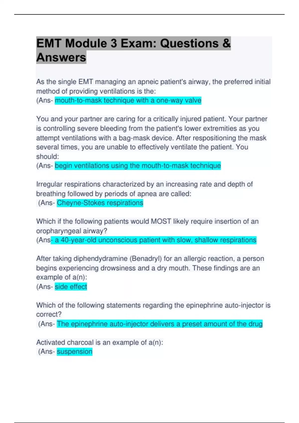 Emt Module 3 Exam Questions And Answers Latest Updated Solution Emt Stuvia Us