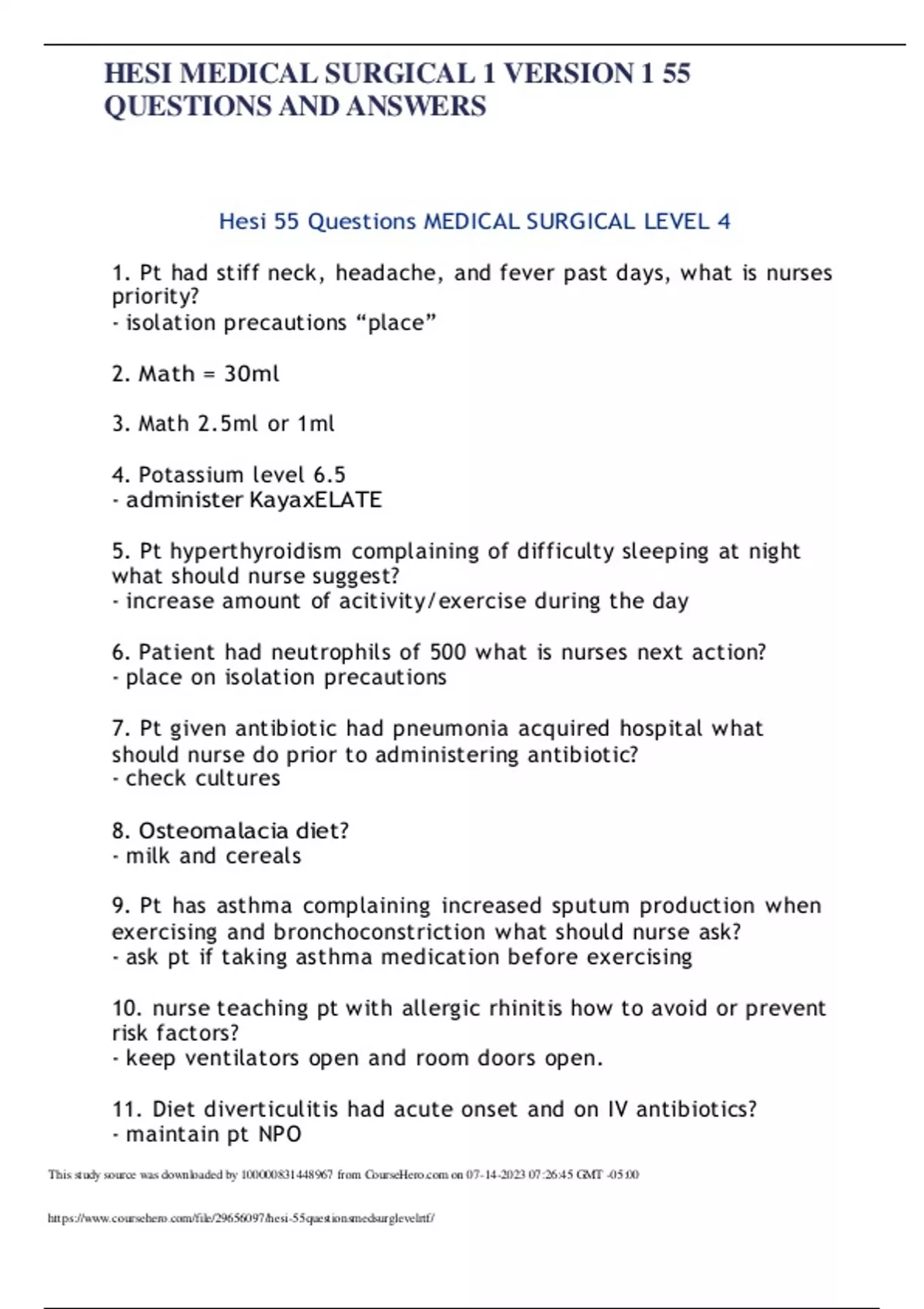 HESI MEDICAL SURGICAL 1 VERSION 1 55 QUESTIONS AND ANSWERS - HESI ...