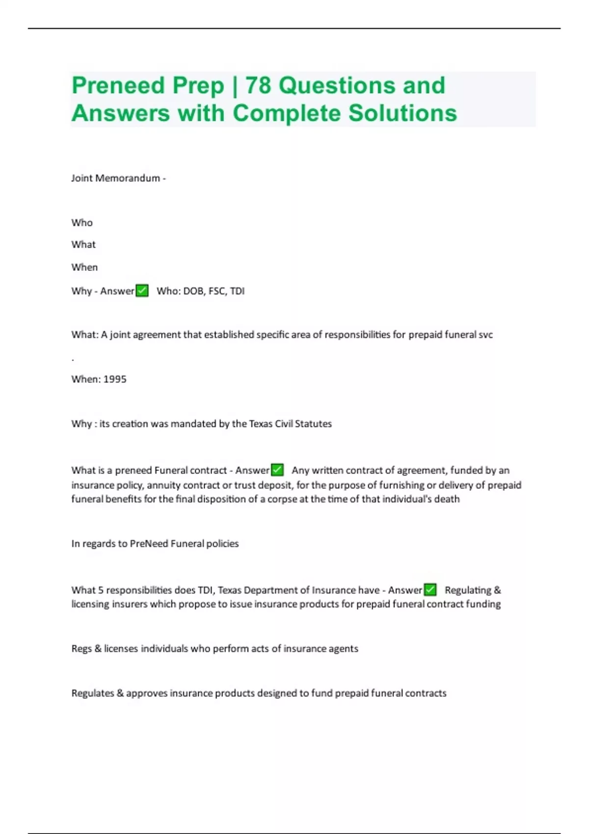 Preneed Prep | 78 Questions and Answers with Complete Solutions ...