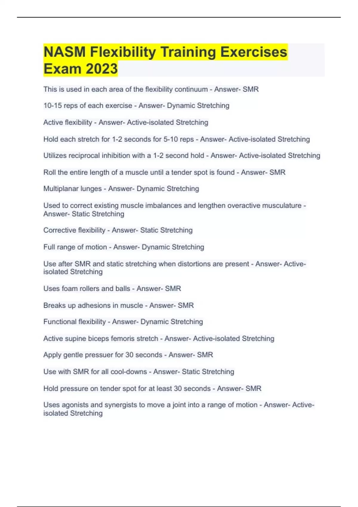 NASM Flexibility Training Exercises Exam 2023 - NASM Flexibility Training Exercises - Stuvia US