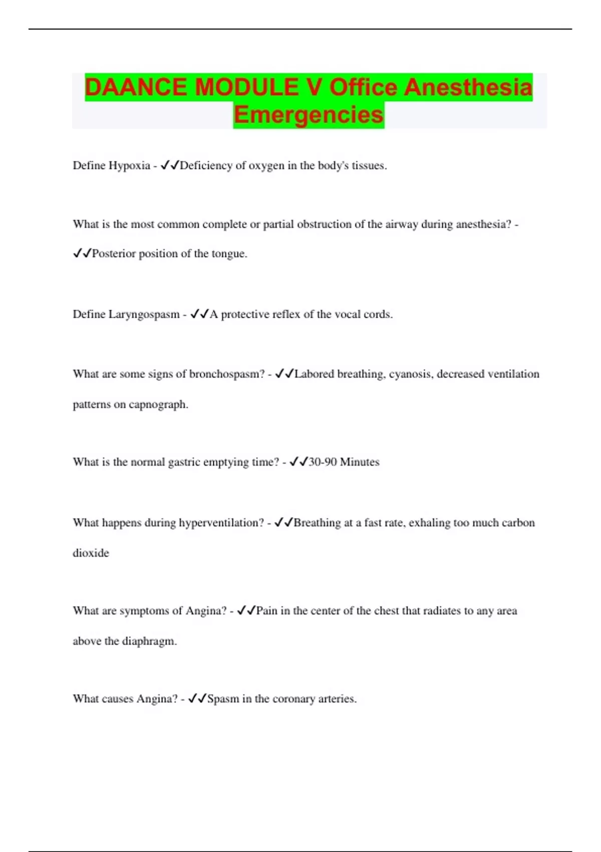 DAANCE MODULE V Office Anesthesia Emergencies | Questions with 100% Correct Answers | Updated ...